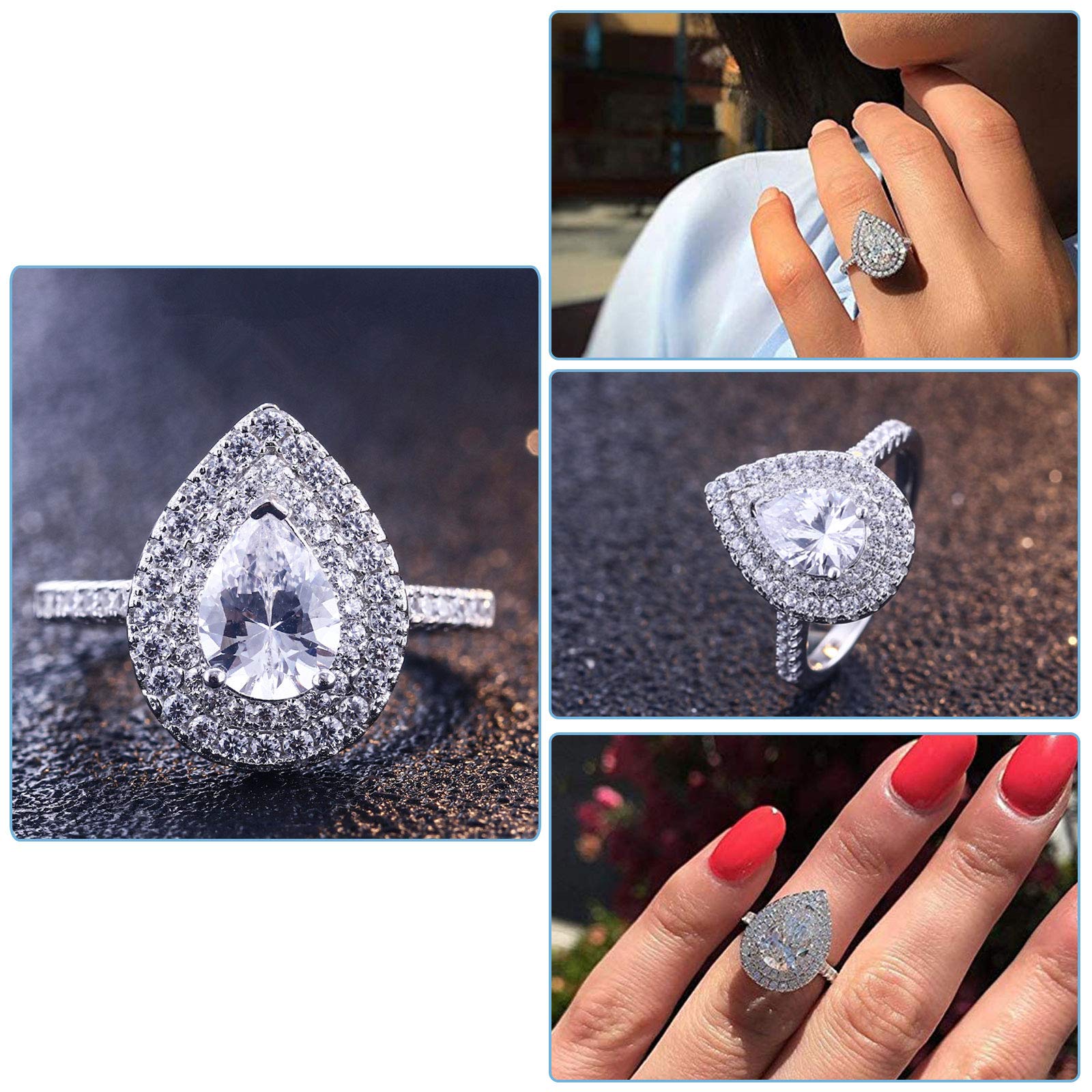 Ahloe Jewelry CEJUG 2.3Ct Teardrop Pear Wedding Rings for Women 18K White Gold Cubic Zirconia Engagement Ring Set Size 9