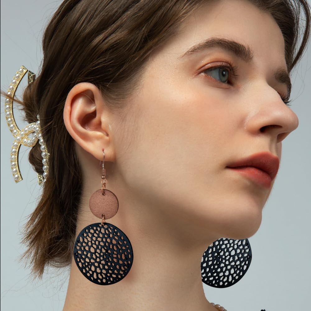 9 Pairs Boho Vintage Wooden Round Geometric Leather Earrings Retro Hollow Out Circle Earrings Big Lightweight Statement Jewelry Suitable for Women