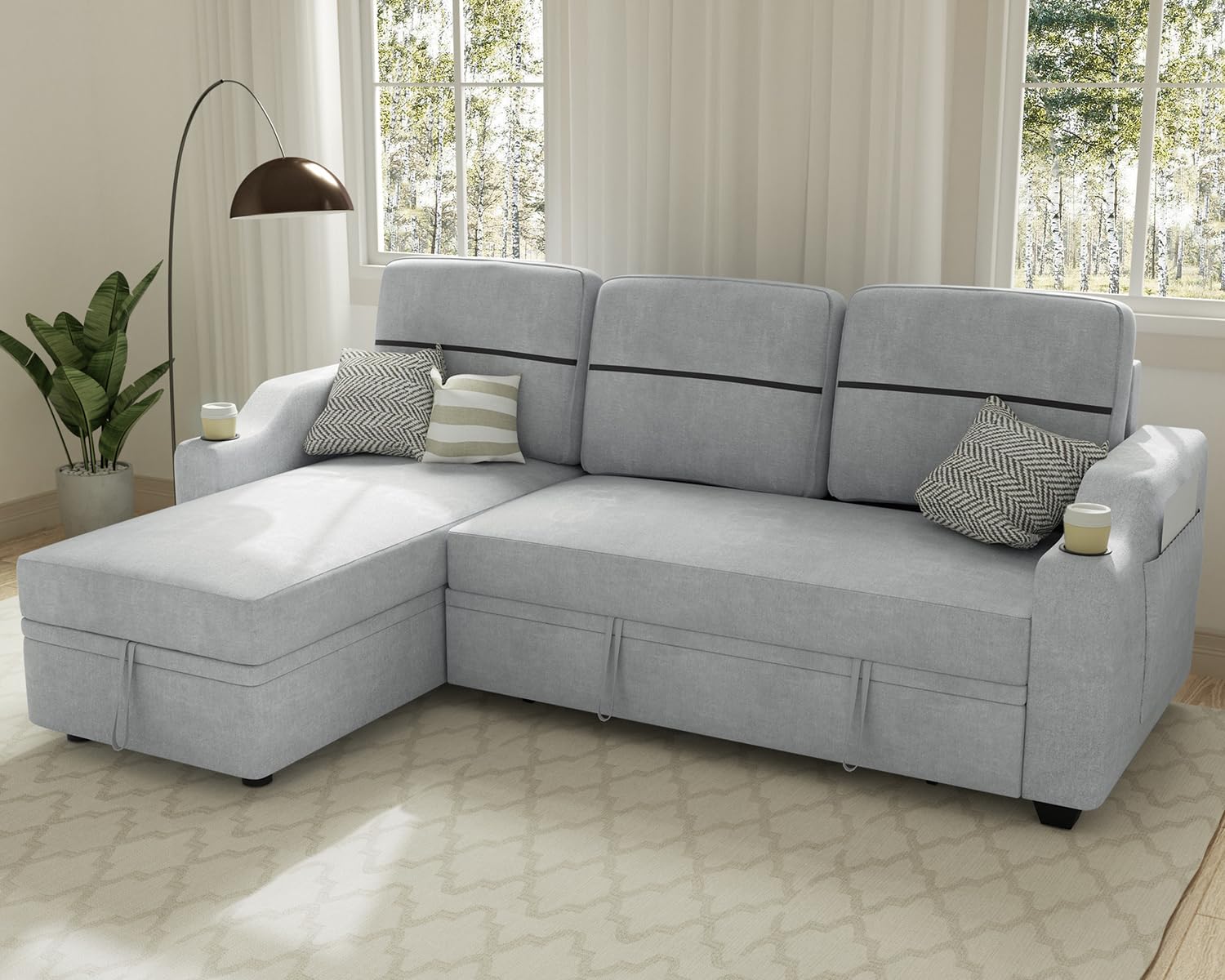 Ucloveria Reversible Sectional Sofa Couch, Sleeper Sofa Bed with Storage Chaise Pull Out Couch Bed for Living Room | Hidden Stroge | Side Pocket | Sofa Cup Holder | Removable Backrest | Linen Fabric