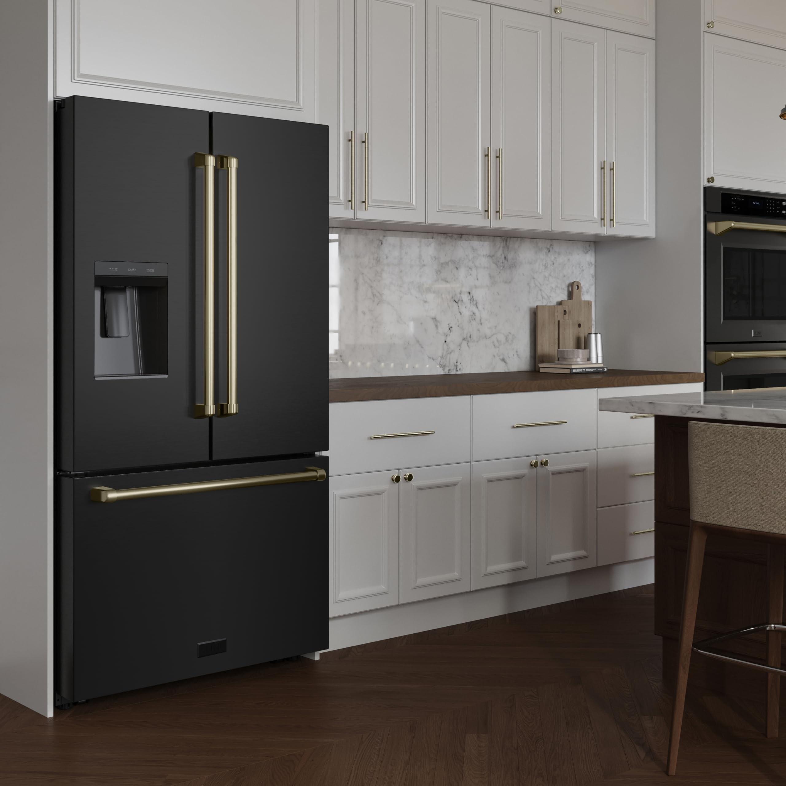 ZLINE Autograph Edition 36 in. 28.9 cu. ft. Standard-Depth French Door External Water Dispenser Refrigerator with Dual Ice Maker in Black Stainless Steel and Champagne Bronze Traditional Handles