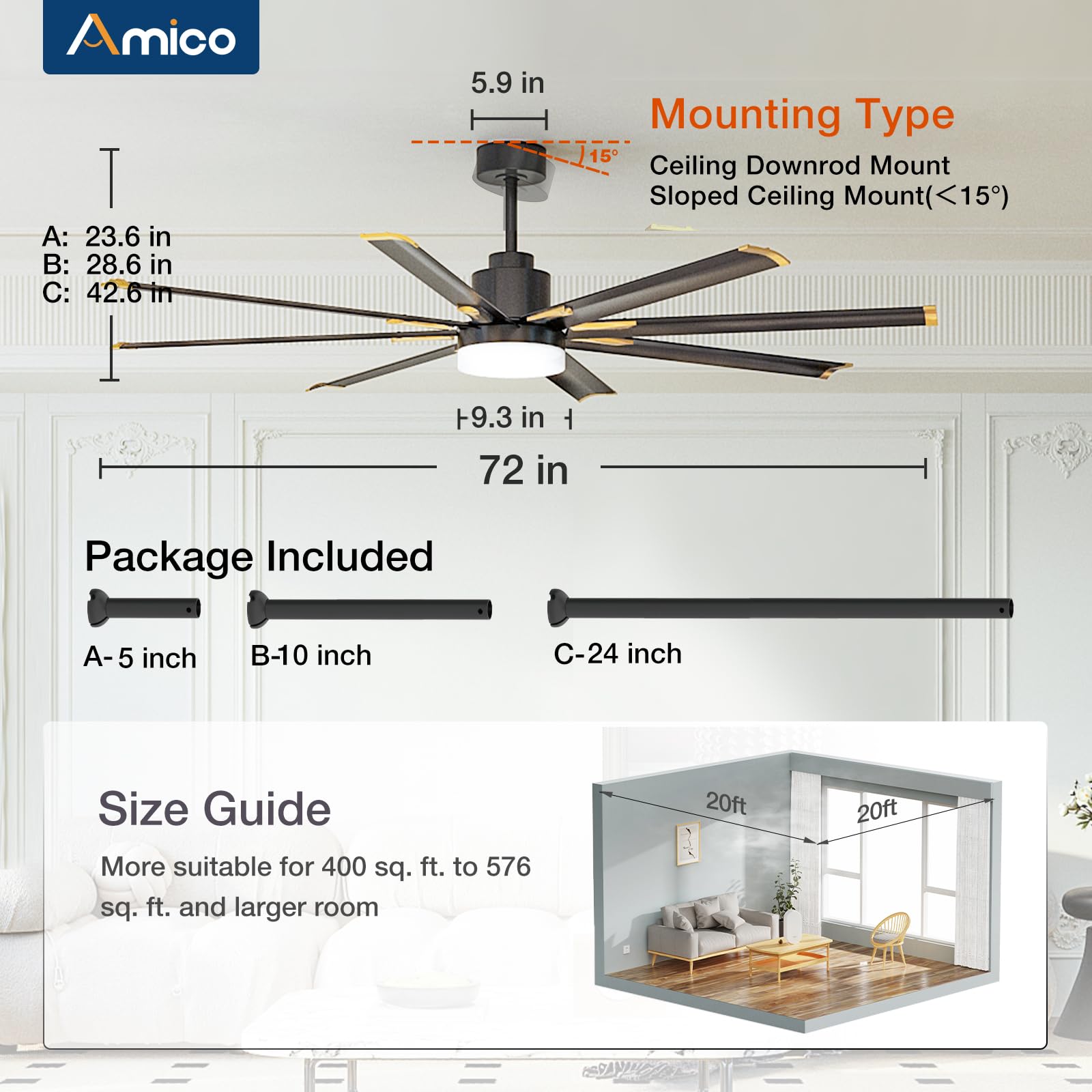 Amico Ceiling Fans with Lights, 72 Inch Indoor/Outdoor Large Industrial Ceiling Fan with Remote Control, Reversible, 8 Aluminum Blades, 3CCT, Dimmable, Damp Rated Black Ceiling Fan for Bedroom Patio