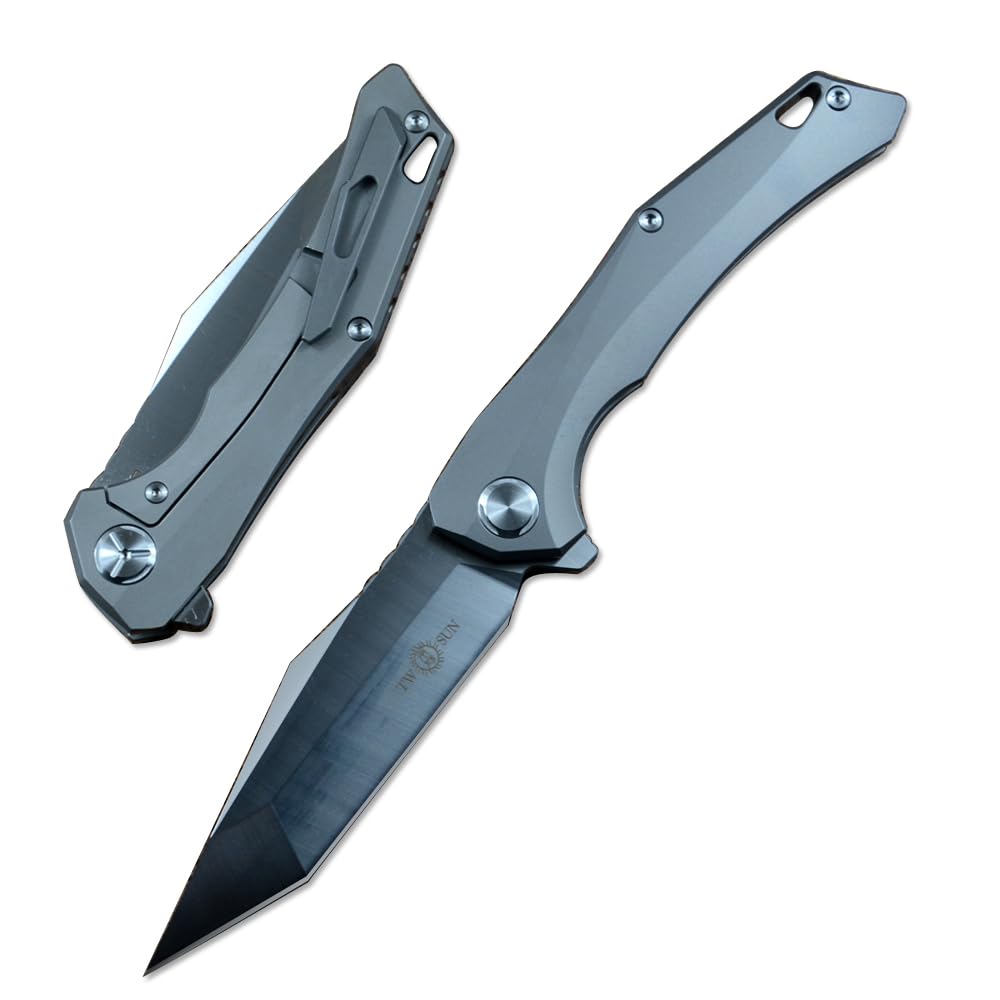 TWO SUN D2 Blade Folding Pocket Knife Gray Titanium Handle TS43