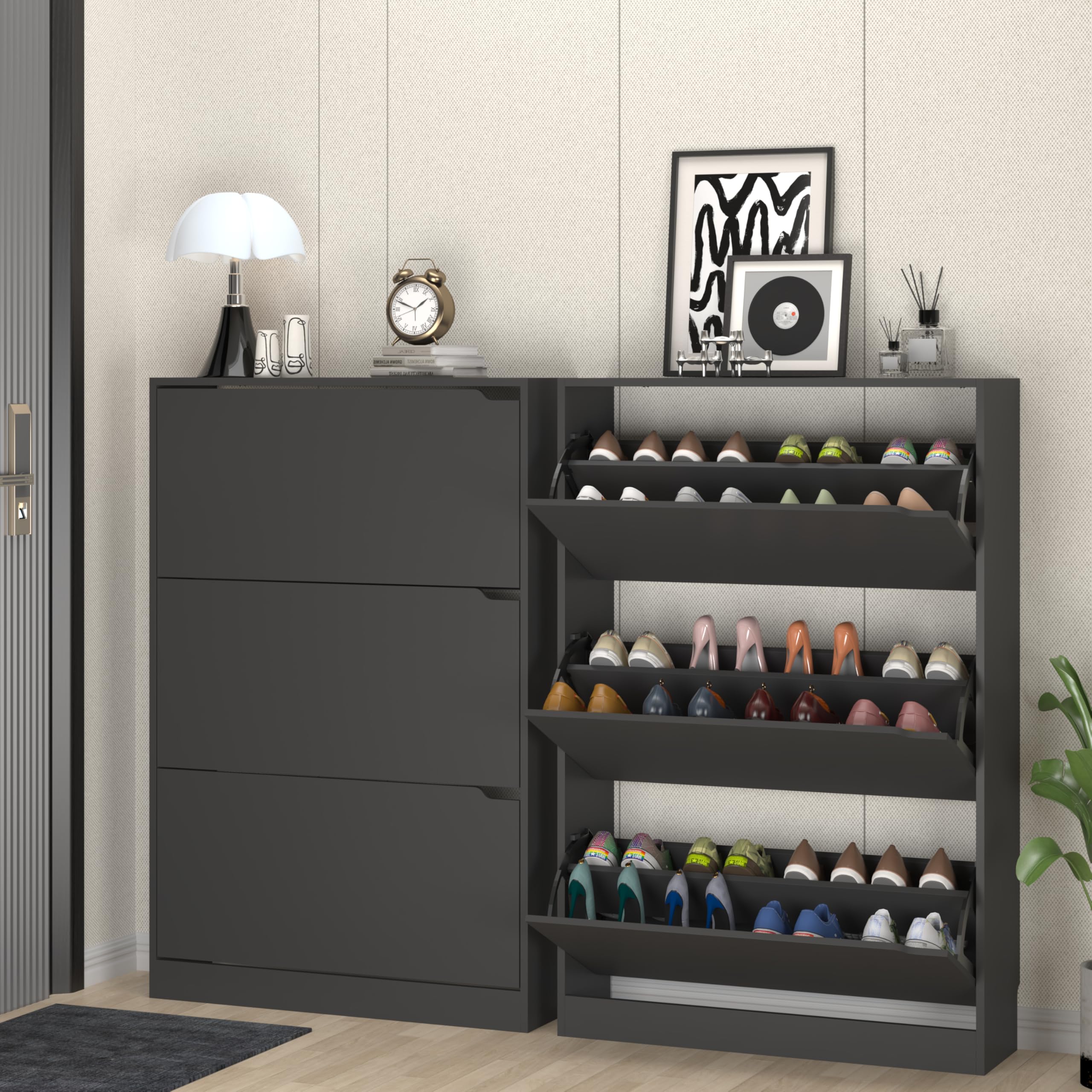 Wodeer Shoe Cabinet with 3 Flip Drawers,Wood Entryway Shoe Storage Cabinet,Freestanding Shoe Rack Storage Organizer for Entryway, Hallway, Black,9.33" D x 31.5" W x 47.2" H