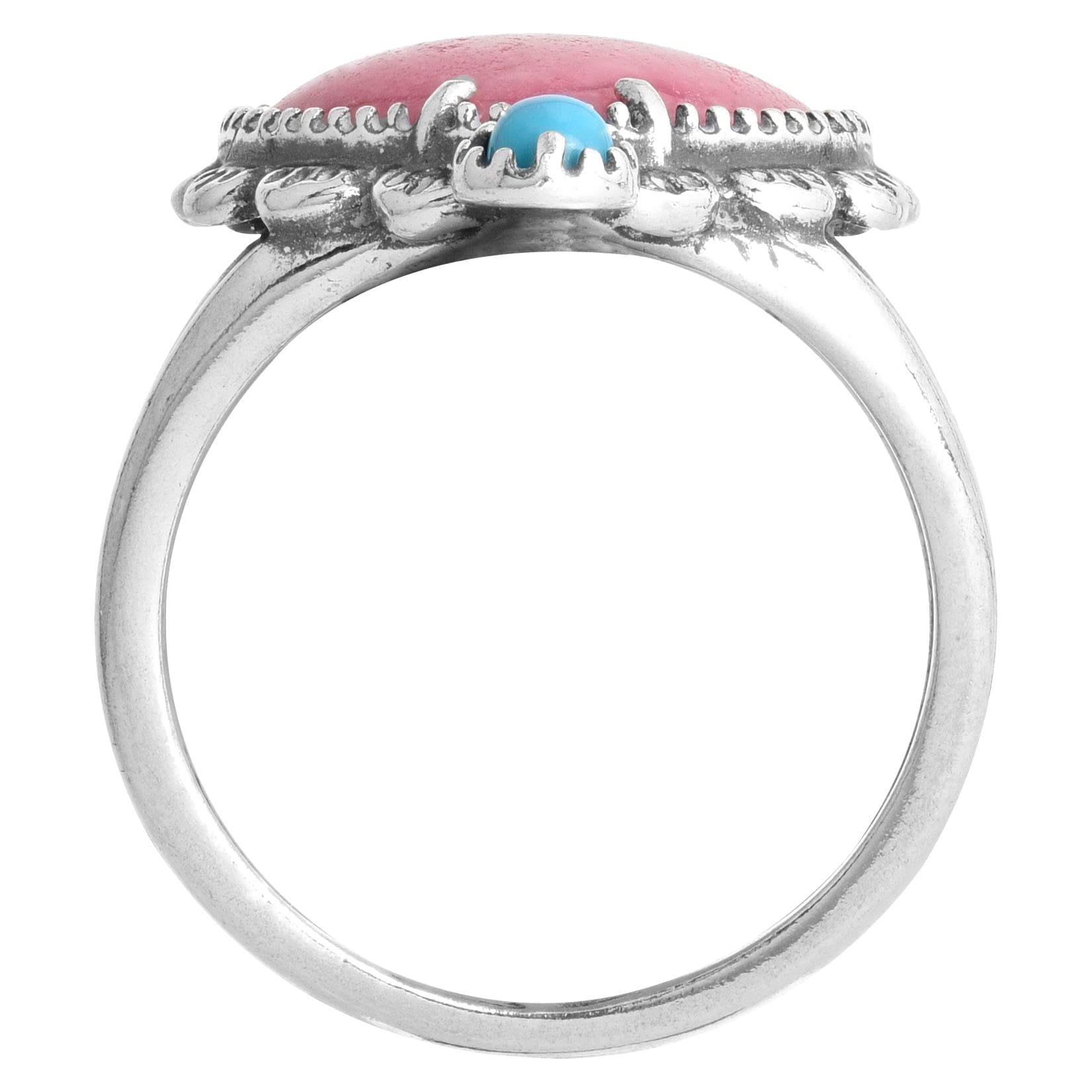 American West Sterling Silver Women's Ring Pink Rhodonite & Sleeping Beauty Turquoise Concha Heart Design Size 6