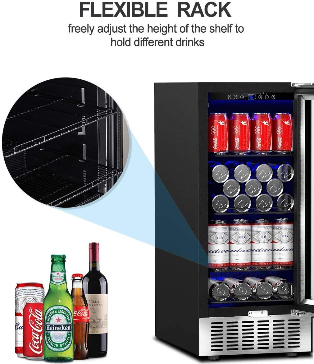 AAOBOSI Beverage Refrigerator 15 Inch 100 Cans Built-in Beverage Cooler with Quiet Operation, Compressor Cooling System, Energy Saving, Adjustable Shelves, Ideal for Beer, Soda, Water or Wine