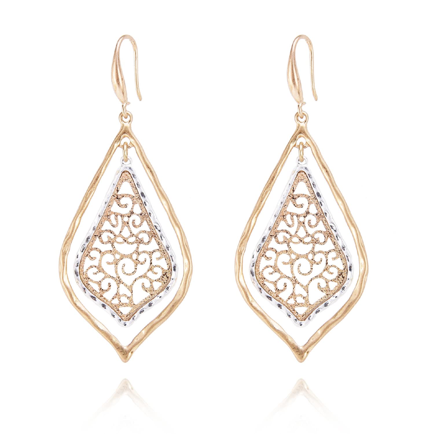 ALLISON ROSE ATELIER – Boho Filigree Two-Tone Dangle Earrings - Exquisite Handcrafted Jewelry for Boho Chic Style - Large Two Tone Worn Gold and Silver Plated Earring Set