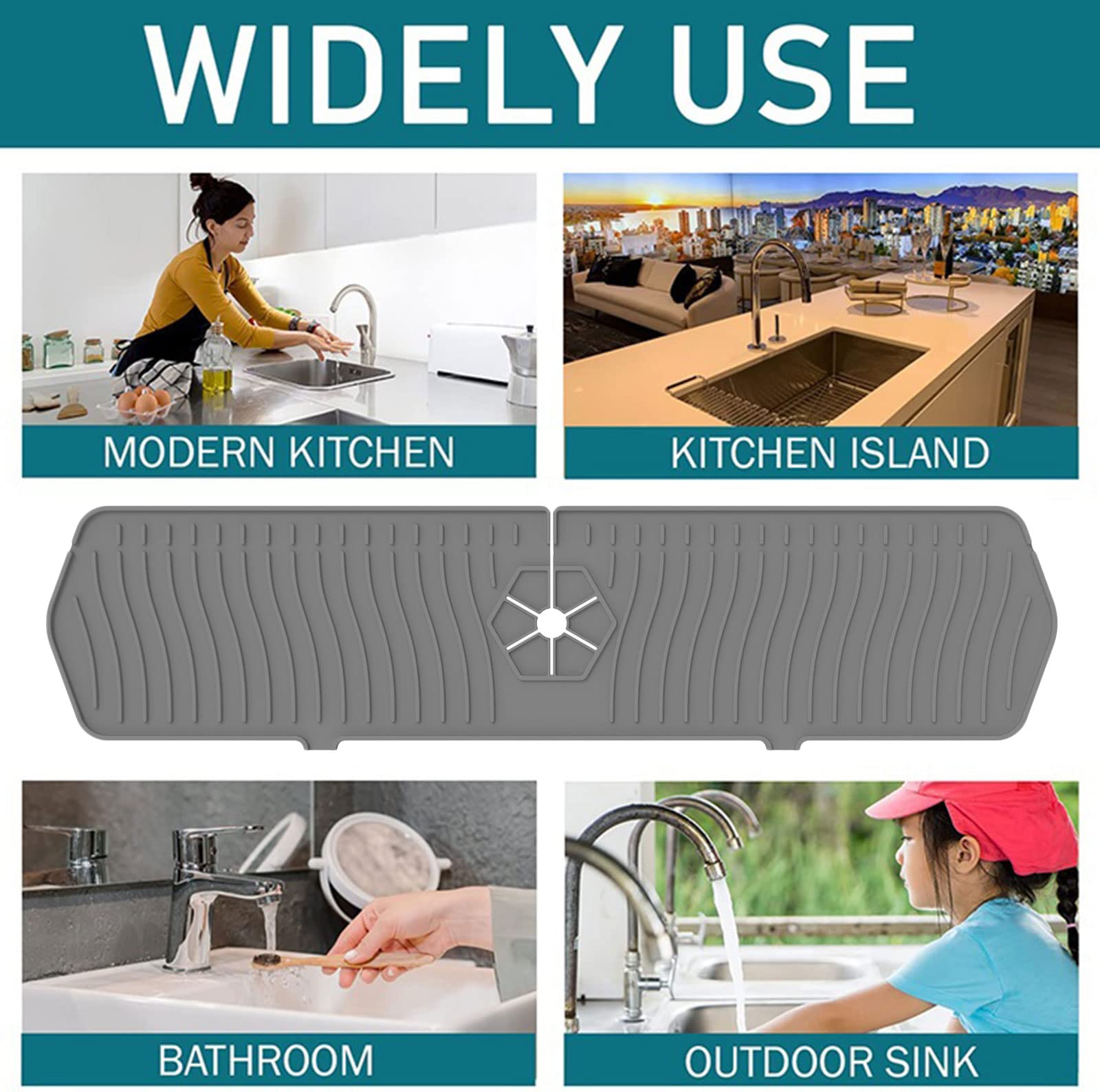 AMLETBH Silicone Sink Faucet Pad, Drip Protector Splash Countertop Protection, Kitchen Faucet Sink Splash Guard, Bathroom Faucet Water Catcher Mat, Sink Draining Pad Behind Faucet (L, Grey), Gray