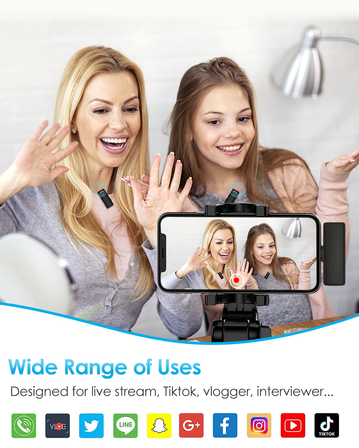 Anyyuk Wireless Lavalier Microphones for iPhone iPad 2.4GHz Plug & Play Lapel Clip-on Mic with Charging Case for Interview TikTok Live Stream YouTube Vlog Video Recording - 2 Pack
