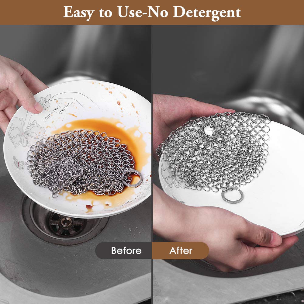 AMAGABELI GARDEN & HOME 7βx7β Cast Iron Cleaner 316 Stainless Steel Cast Iron Scrubber Chain Mail Scrubber Cast Iron for Pans Dutch Ovens Grills BG240