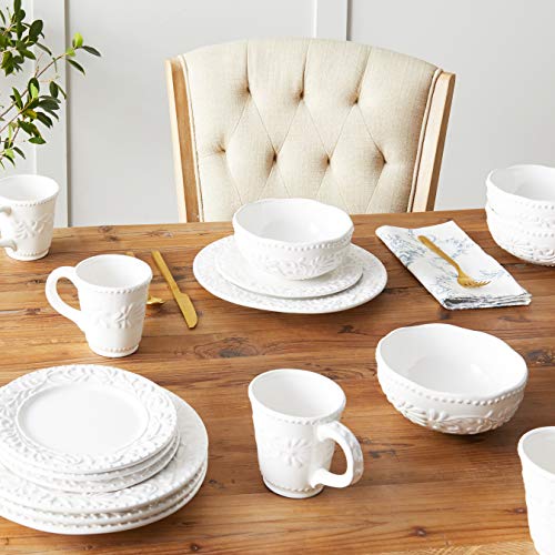 American Atelier Round Dinnerware Sets | White Kitchen Plates, Bowls, and Mugs | 16 Piece Bianca Leaf Collection | Dishwasher and Microwave Safe | Service for 4