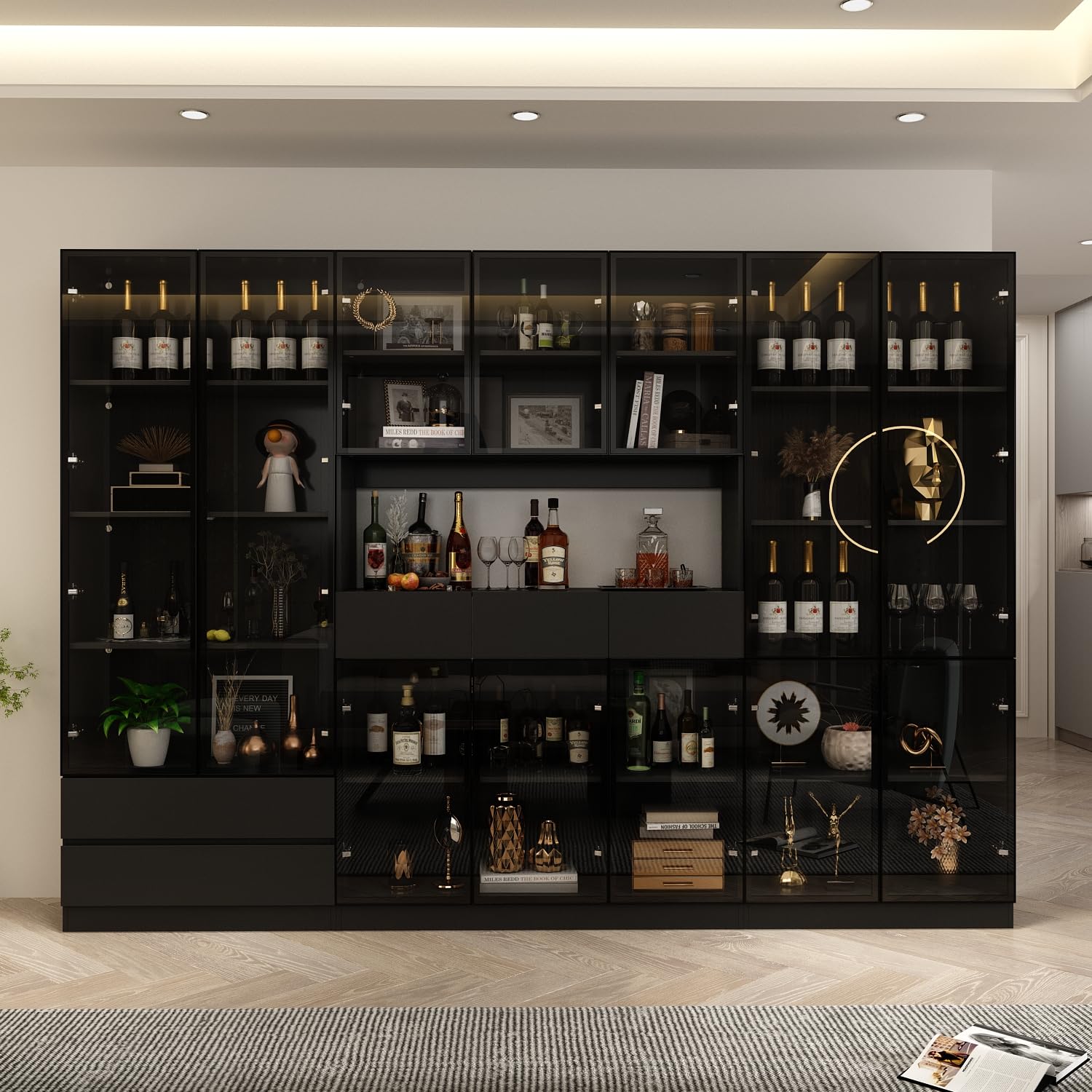 Hitow Tall Bookcase Bookshelf with Glass Doors and Lights, Large Display Shelf Organizer Set with Hutch, Library Bookshelf with 5-Tier Shelves & Drawers, for Living Room Home Office, Black (110.2" W)