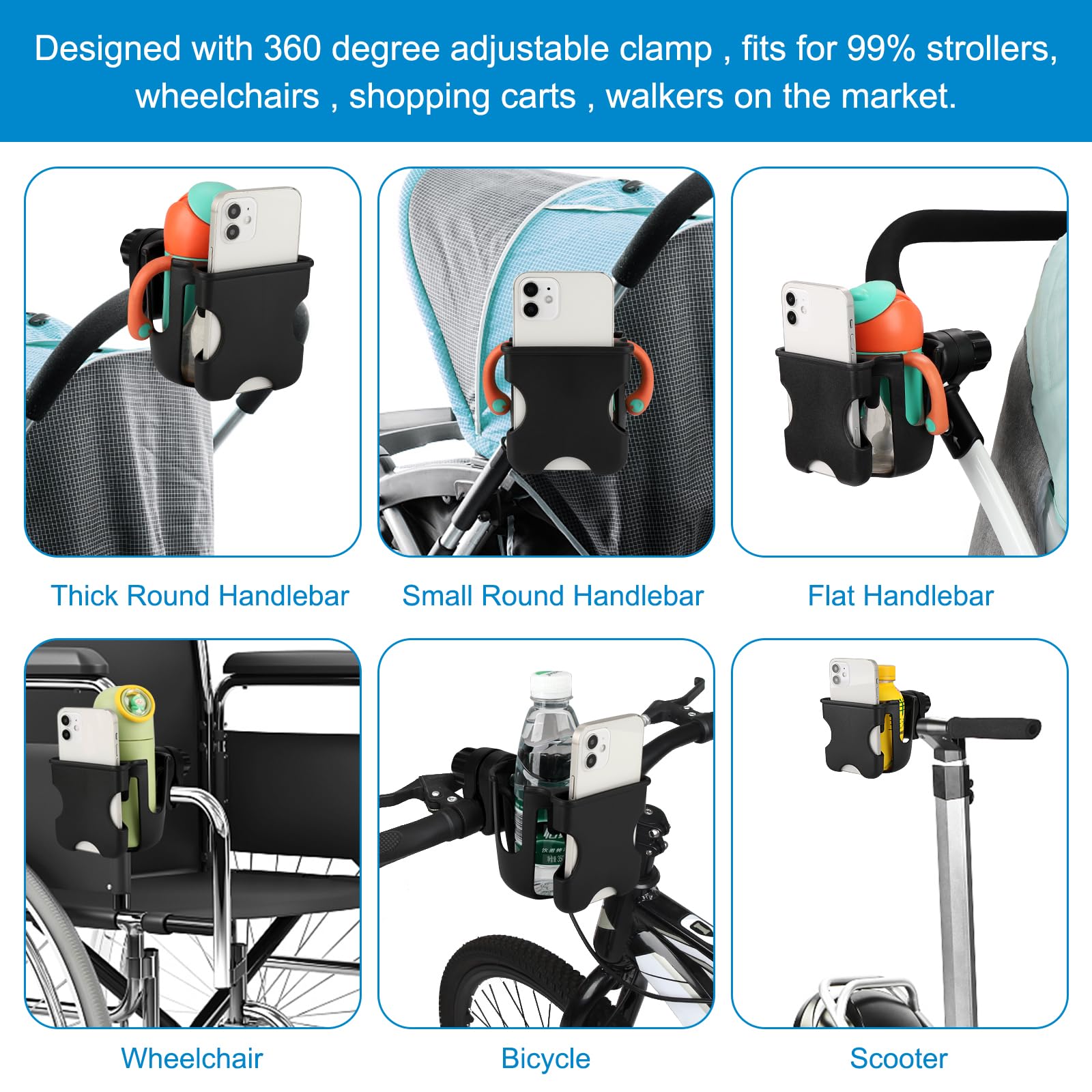 Accmor 2-in-1 Stroller Cup Holder, Universal Cup Holder for Uppababy Nuna Doona Strollers, 360° Rotatable Large Caliber Drinks Holder Cup Holder for Stroller, Bike, Wheelchair, Walker, Scooter