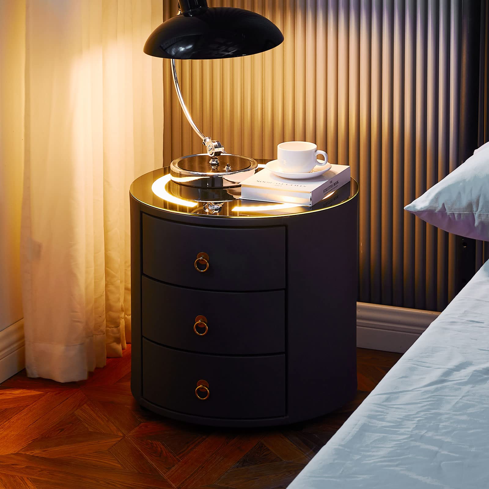 CLIPOP Modern Nightstand with 3 Drawers, Smart Nightstands with Wireless Charging Station, Adjustable Led Light, Faux Leather Surface Bedside Table No Assembly, Dark Grey