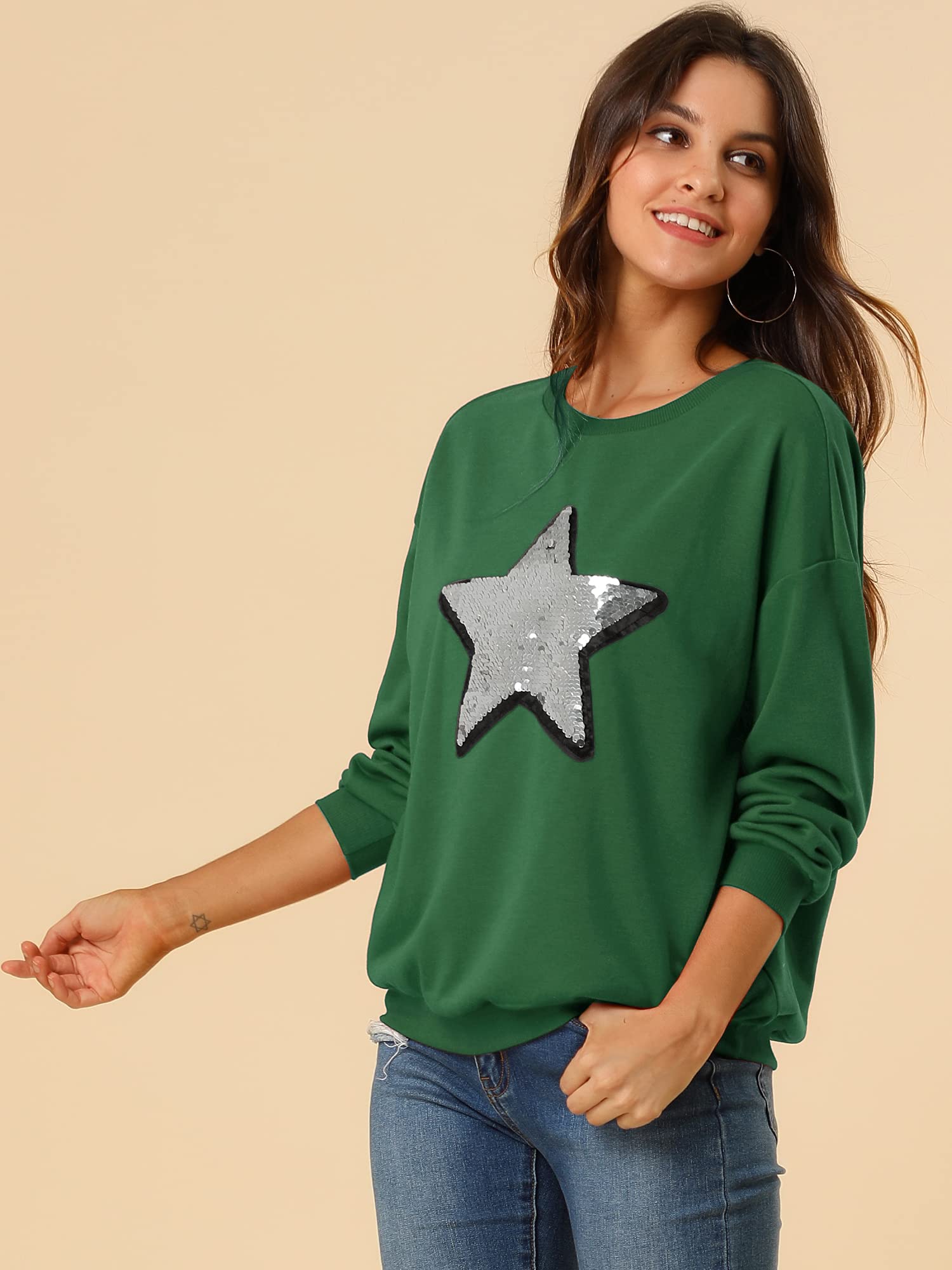 Allegra K Women's Sequin Shiny Star Crew Neck Long Sleeve Sweatshirt Top Medium Deep Green