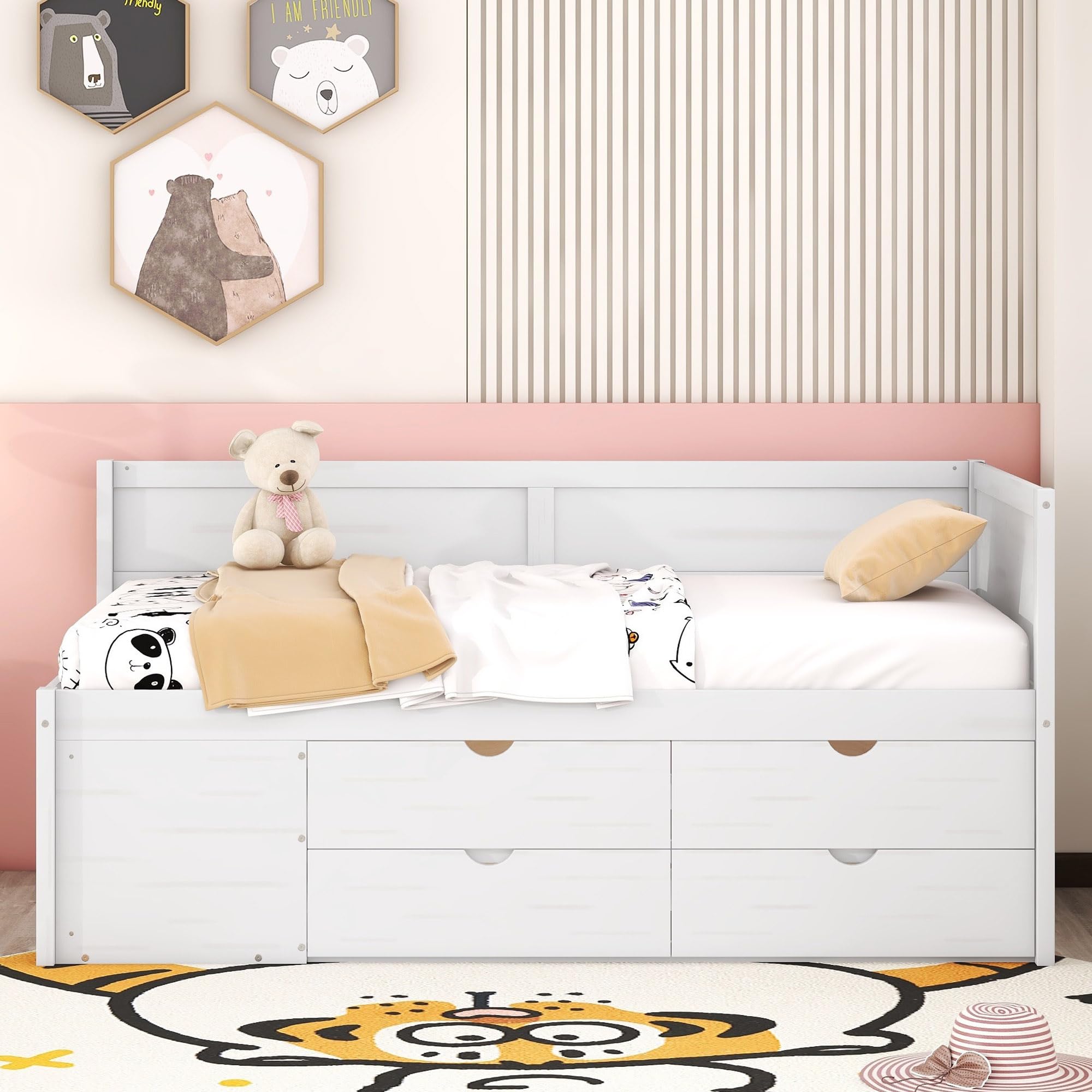 Brisca Twin Size Daybed with Four Drawers and Three Shelves,Multifunction Solid Wood Storage Bed Frame,W/Wooden Slates Support,for Kids Teens,Boys & Girls,No Box Spring Needed,White