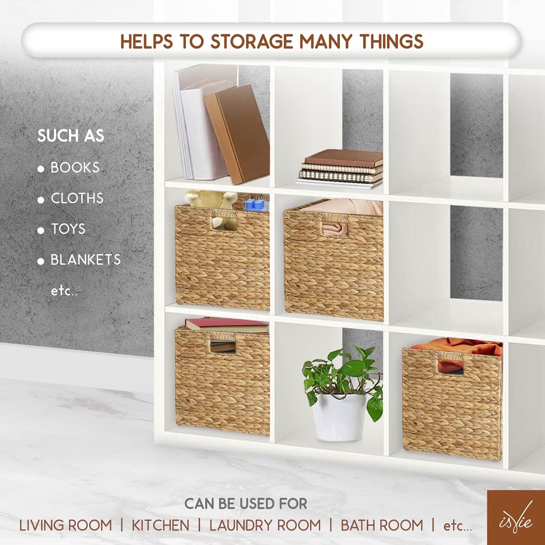 IsVie Woven Hyacinth Storage Baskets 4 Pack, Rectangle Storage Container Organizer Baskets with Built-in Handles Home Organizing Laundry Organizer Cube Baskets (Natural, Set of 4)