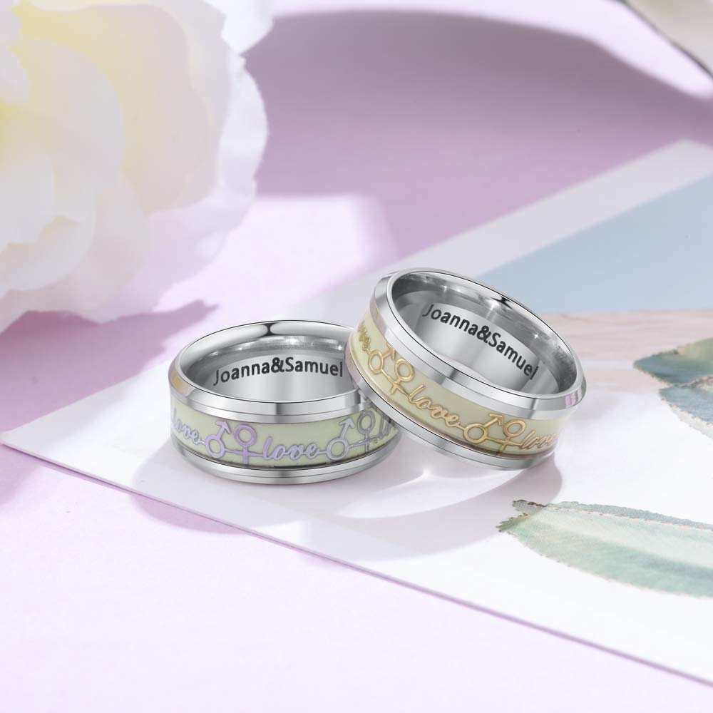 Ashleymade Personalized Couples Rings Set for Him and Her Promise Rings for Couples Engraving Luminous Ring Stainless Steel Engagement Rings for Couples Valentines Day (Couples Rings Set -2)