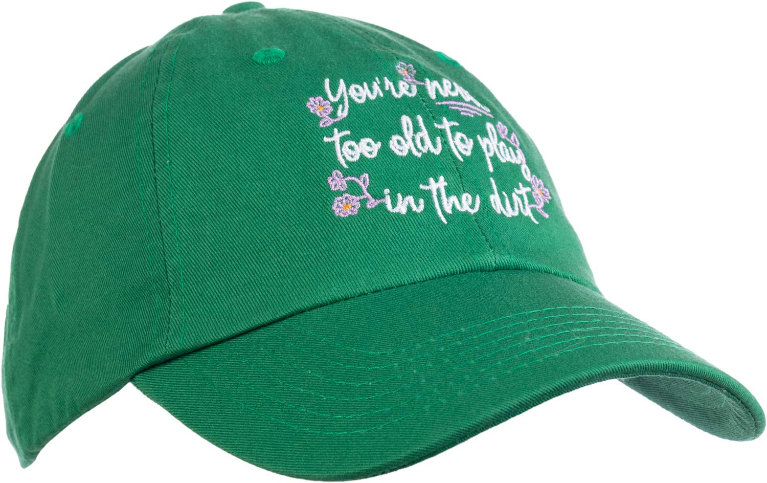 Ann Arbor T-shirt Co. Never Too Old to Play in Dirt | Funny Gardener Gardening Baseball Cap Dad Style Hat Men's or Women's- Green