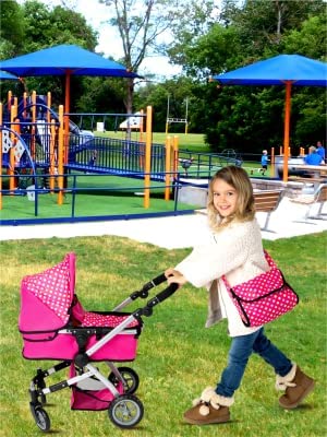 Fash N Kolor | Foldable Pram for Baby Doll with Flower Design with Swiveling Wheel Adjustable Handle Bassinet Stroller with Baby Doll, Convertible Seat, and Basket, and Free Carriage Bag