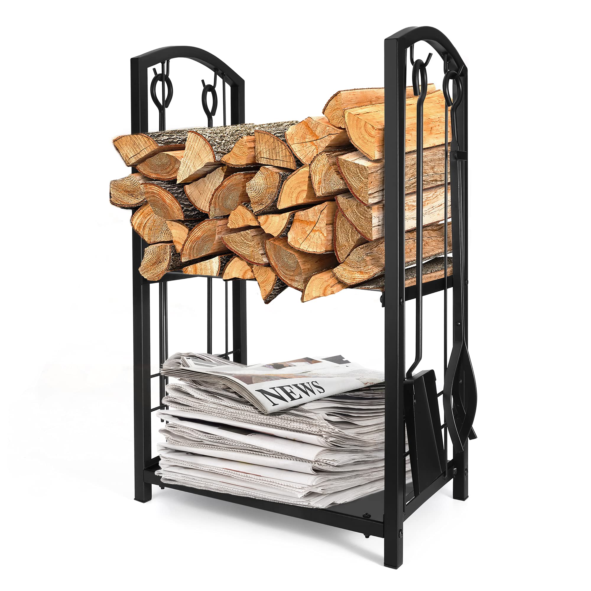 Delxo Fireplace Rack Indoor with 4 pcs Fireplace Tools Fire Pits Tools for Outdoor Log Holder Wood Stove Accessories Black Fireplace Log Rack Wrought Iron Logs Bin Holder for Fireplace Tool Set