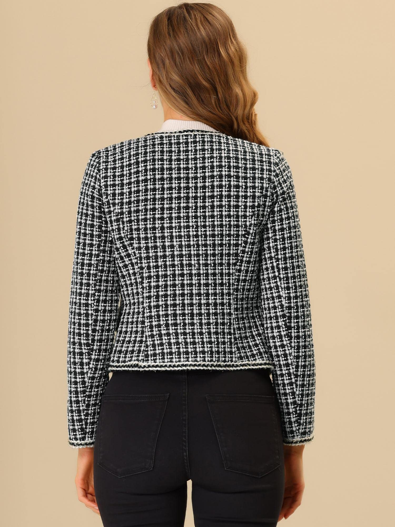 Allegra K Women's Plaid Tweed Blazer Long Sleeve Open Front Work Office Short Jacket Large Black