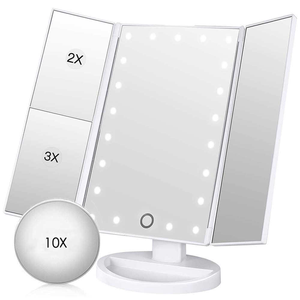 AMMIY Vanity Makeup Mirror with Lights, 1x/2x/3x/10x Vanity Mirror with 21 LED Lights, Touch Screen Switch Tri-Fold Design 180° Rotation LED Makeup Mirror, Dual Power Supply LED Mirror Makeup