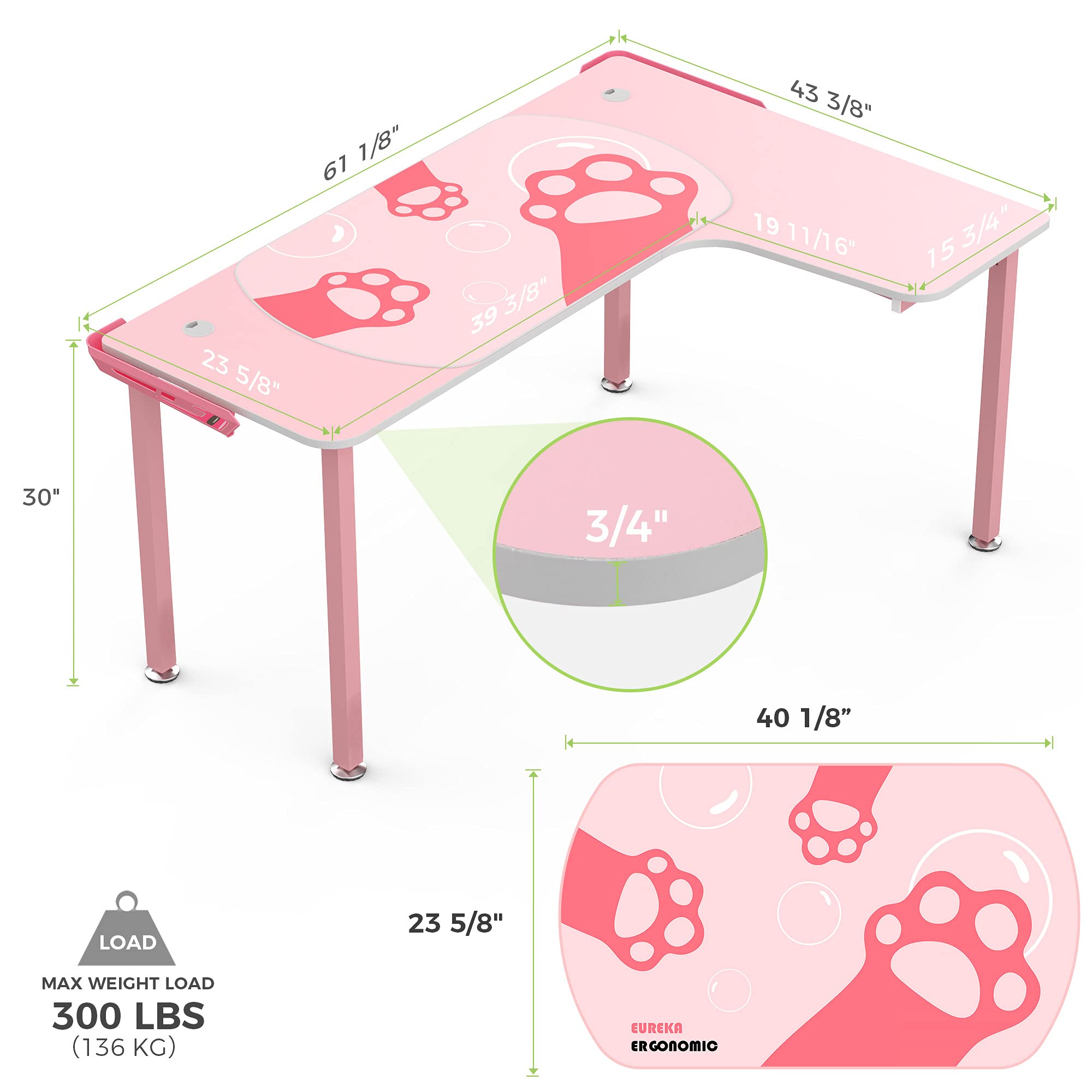 Eureka Ergonomic 61 inch L Shaped Desk, Pink Computer Gaming Desk Office Corner Desk for Home Office Study Writing Table with Mouse Pad, Easy Assembly (Right Side)