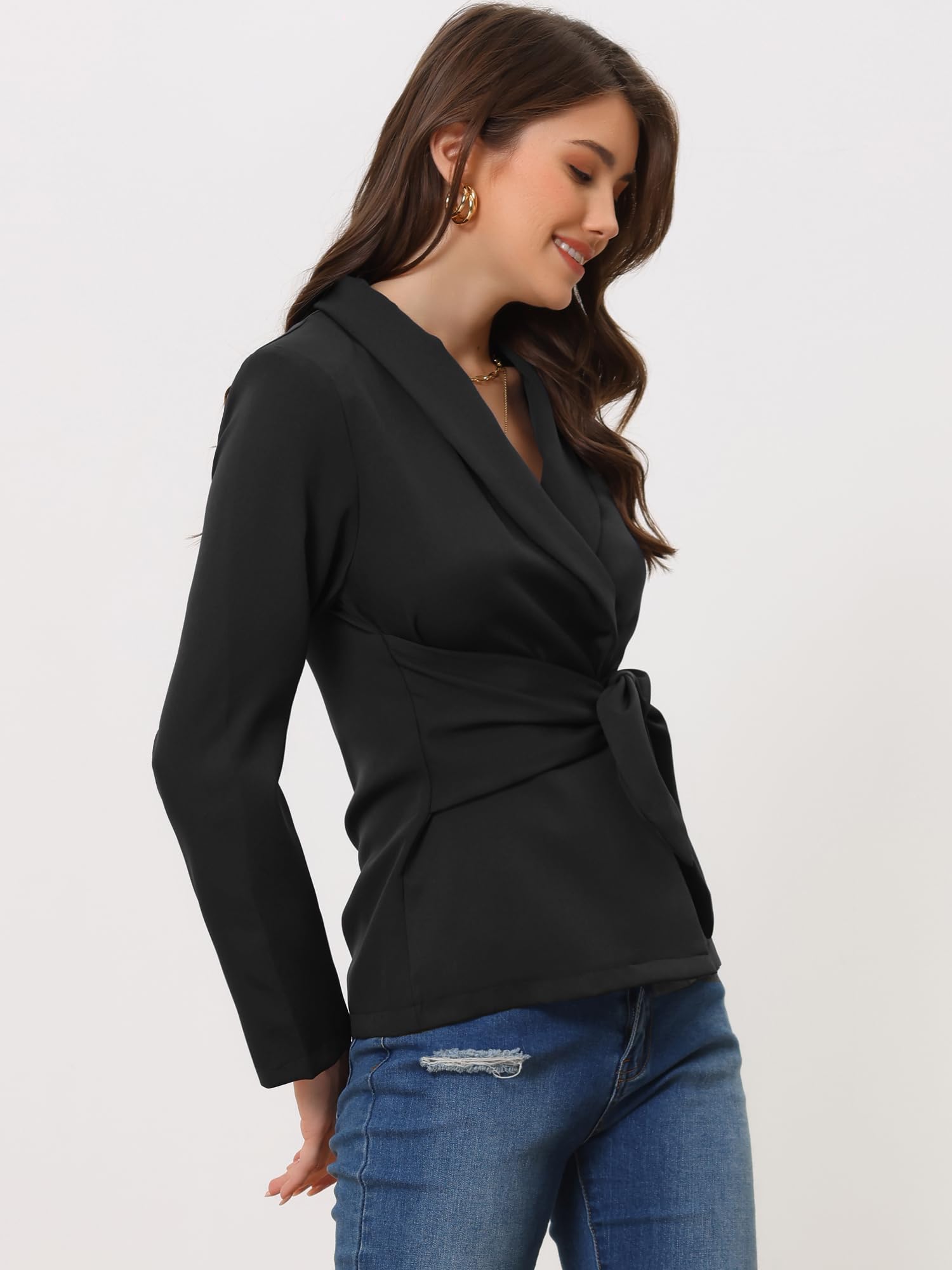 Allegra K Women's Elegant Blazer Lightweight Jacket Tie Front Shawl Collar Long Sleeve Top Large Navy Blue