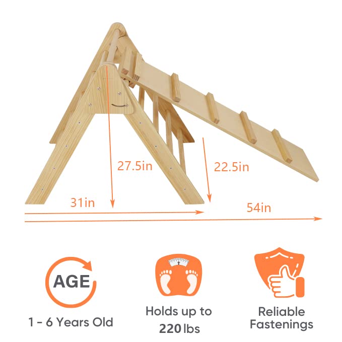 Avenlur Olive 3 in 1 Foldable Triangle Ladder and Slide - Montessori Climbing Set - Indoor Wood Climbing Gym for Children Ages 1 to 6 Years - Baby Climbing Triangle (Natural, Medium)