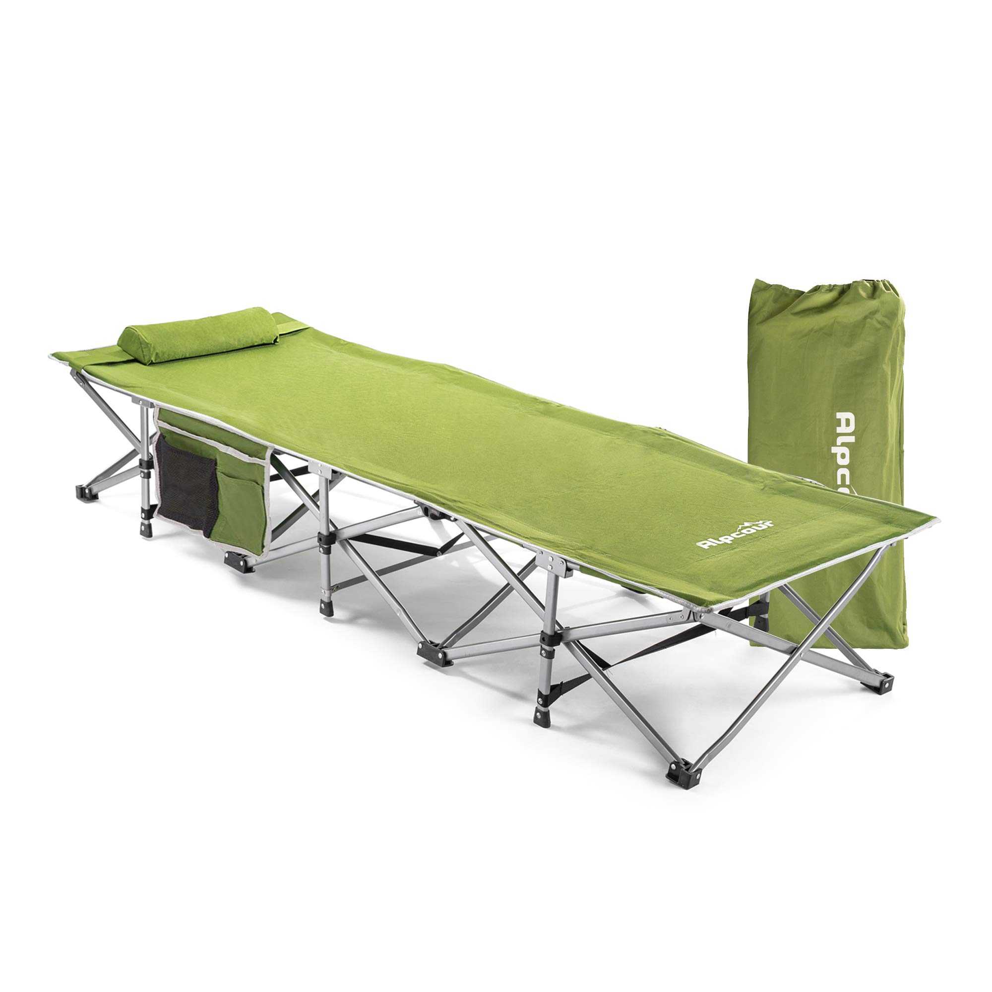 Alpcour Folding Camping Cot – Extra Strong Single Person Small-Collapsing Bed in a Bag w/Pillow for Indoor & Outdoor Use – Deluxe Comfortable Extra Heavy Duty Design Holds Adults & Kids Up to 440 Lbs