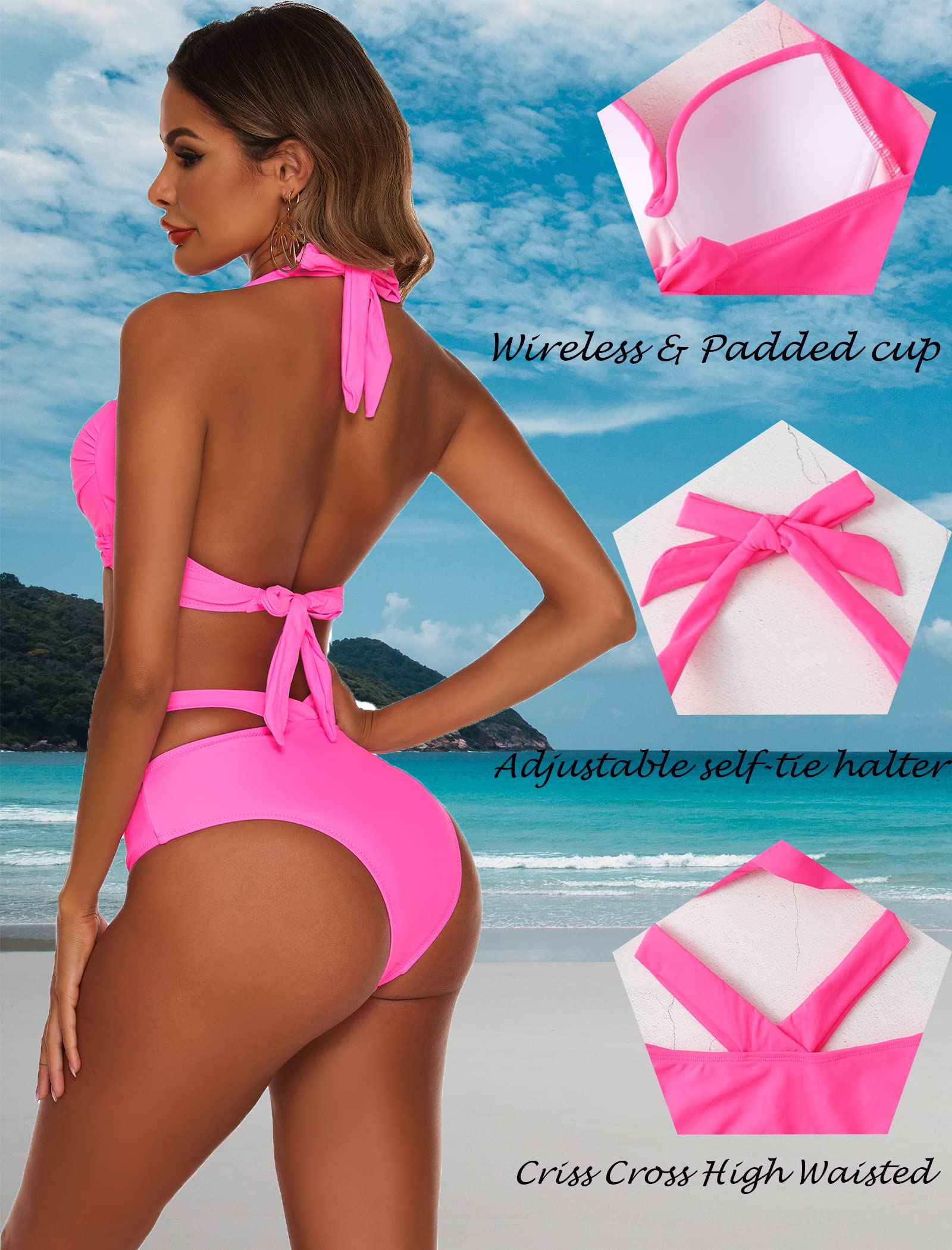 AI'MAGE Women Two Piece Swimsuit Sexy Swimwear Halter String High Waisted Bikini Sets Rose Red XXL