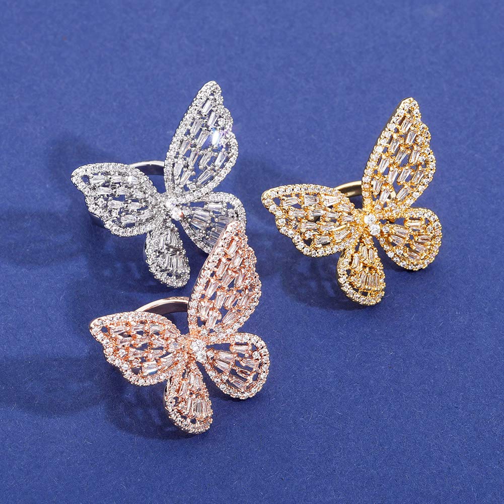 Ayaoch Sterling Silver Adjustable Butterfly Rings for Women Cubic Zirconia Ring Jewelry (silver)