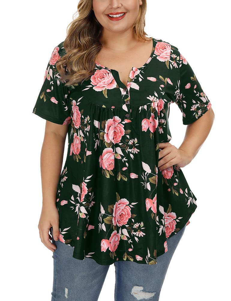 ALLEGRACE Women's Plus Size Floral Blouses Henley V Neck Button Up Tunic Tops Ruffle Flowy Short Sleeve T Shirts P53 White-Leaf Flower Dark Blue 2X