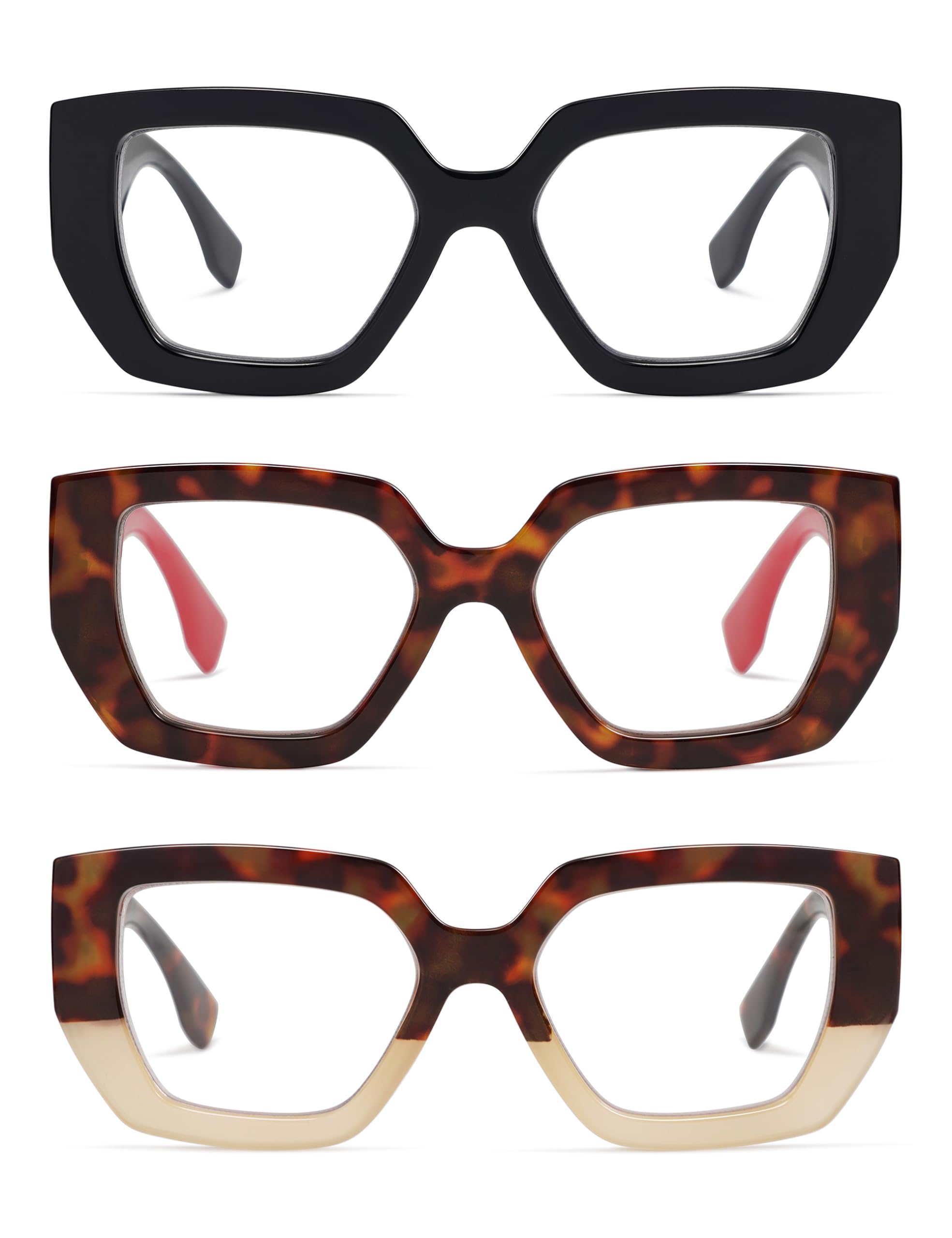AMOMOMA 3-Pack Oversized Square Reading Glasses for Women,Fashion Trendy Style Blue Light Blocking Eyewear Readers Large Frame with Spring Hinge AM6109 C1+C3+C4 1.0 x