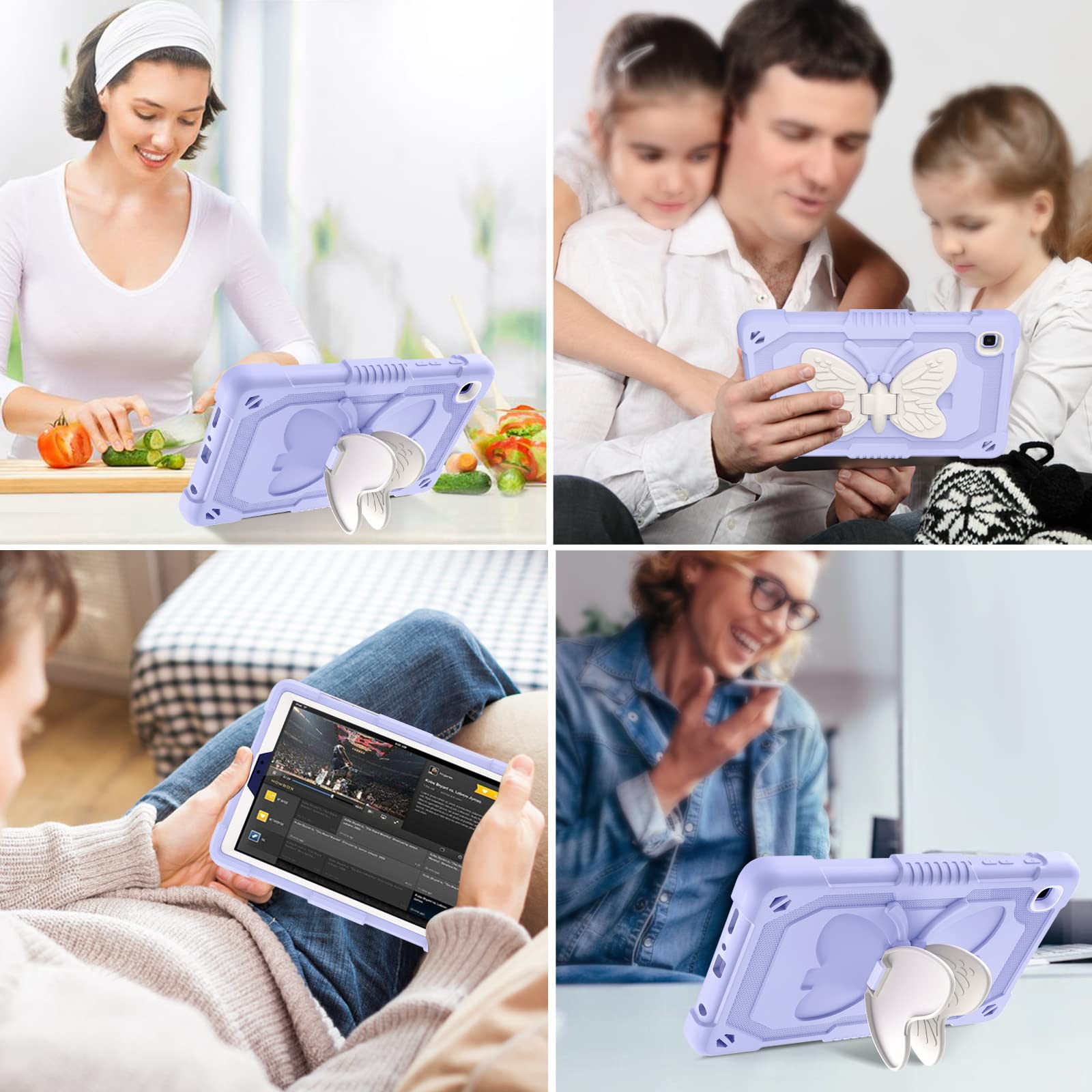 DUEDUE Design for Samsung Galaxy Tab A7 Lite 8.7” Case Butterfly Wings Kickstand Heavy Duty Shockproof Cute Full Protective Tablet Cover for Galaxy Tab A7 Lite 8.7 2021 Kids, Beige/Purple