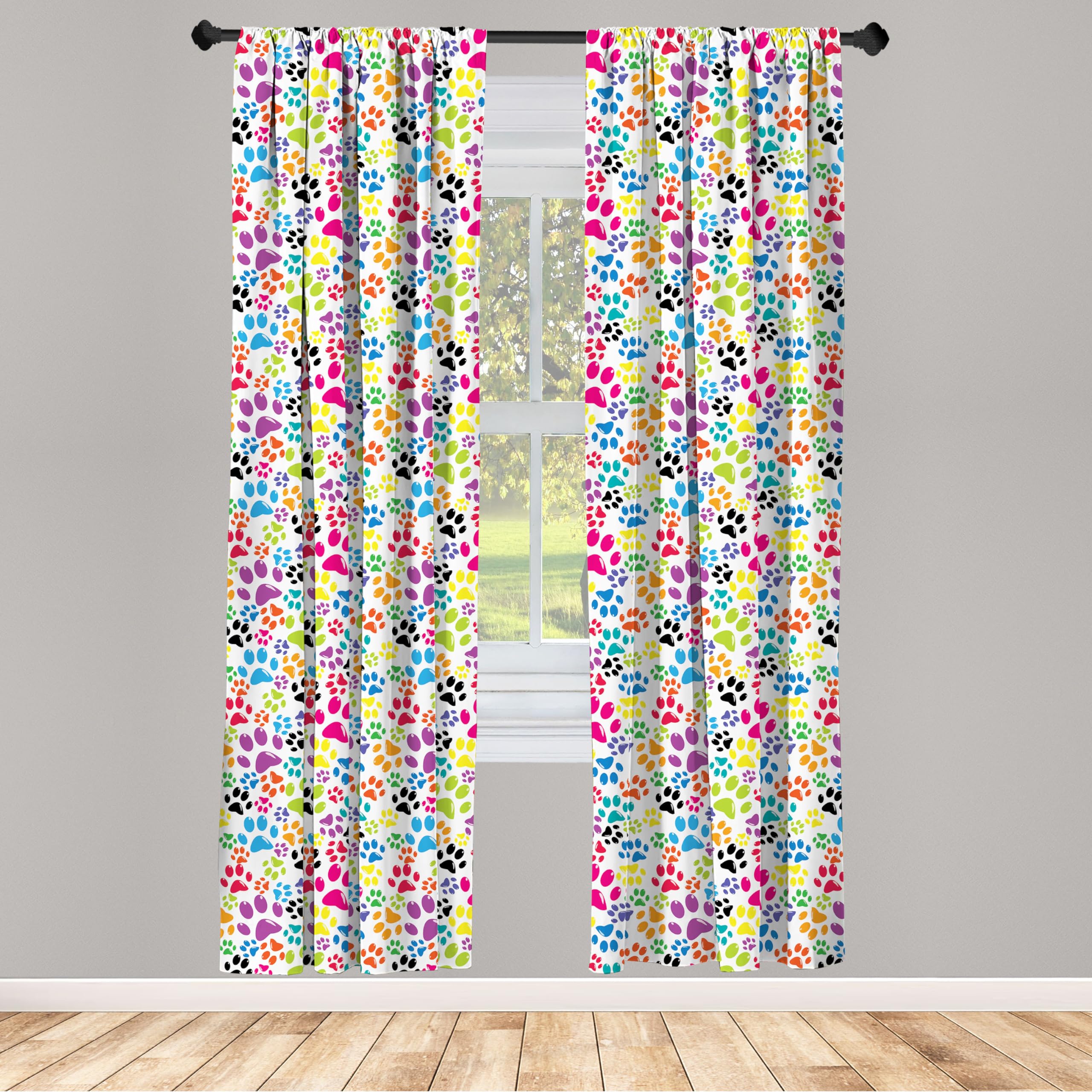 Ambesonne Dog Window Curtains, Colorful Little Paws Steps Art Cartoon Unusual Traces Design, Lightweight Decor 2-Panel Set with Rod Pocket, Pair of - 28" x 84", Purple Blue