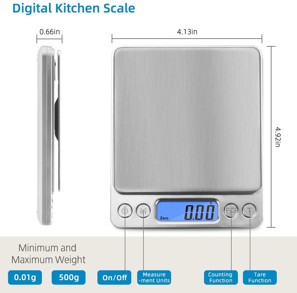 Aibileec Food Weight Scale Measure 0.1G-2000G (Ounces Grams DWT GN CT) Pocket Size Come with Two Trays (2 Pack)
