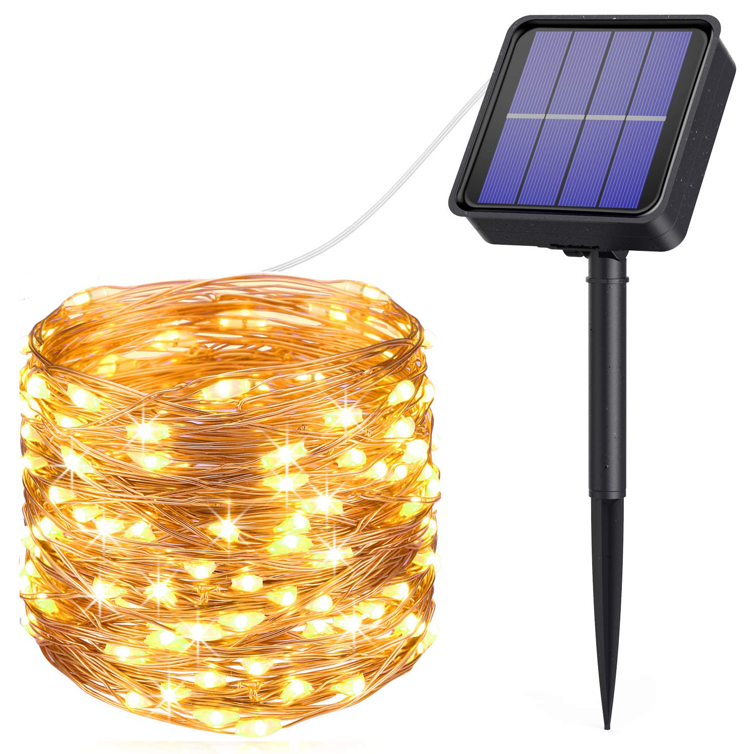 AMIR Upgraded Solar String Lights, 2 in 1 Warm White & White, 33ft 100 LED Outdoor String Lights, 8 Lighting Modes Waterproof Solar Decoration Lights for Gardens, Home, Dancing, Party, Christmas