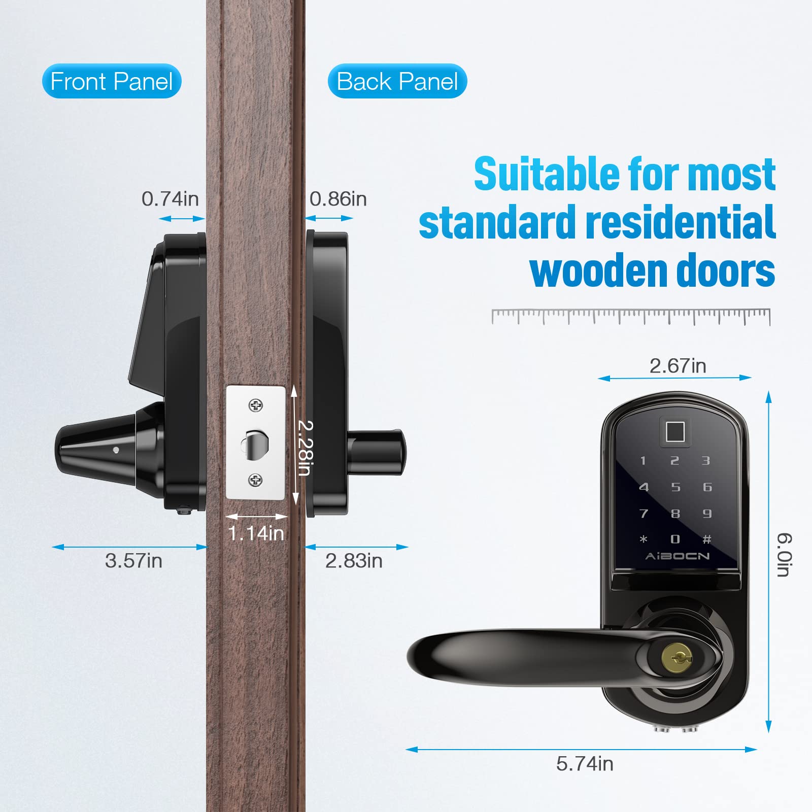 Aibocn Smart Lock, Keyless Entry Door Lock with Bluetooth, Touchscreen Keypad Deadbolt Lock with App, Fingerprint, IC Card, Code, Easy to Install for Home Hotel Apartment, Reversible Door Lever