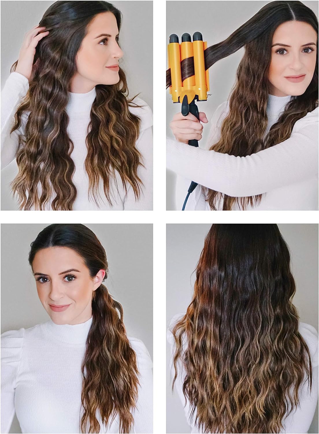 Alure 3 Barrel Hair Waver for Beachy/Frizz-Free Waves w/LCD Temperature Display - 1 Inch Ceramic Tourmaline Triple Barrels, Dual Voltage Crimping Tool