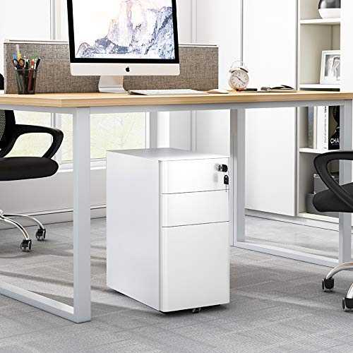 AMISEN File Cabinet，3-Drawer Metal Mobile Filing Cabinets Office Drawer with Lock，Slim Storage Cabinet for Legal/Letter/A4 File, Fully Assembled Including Casters, White