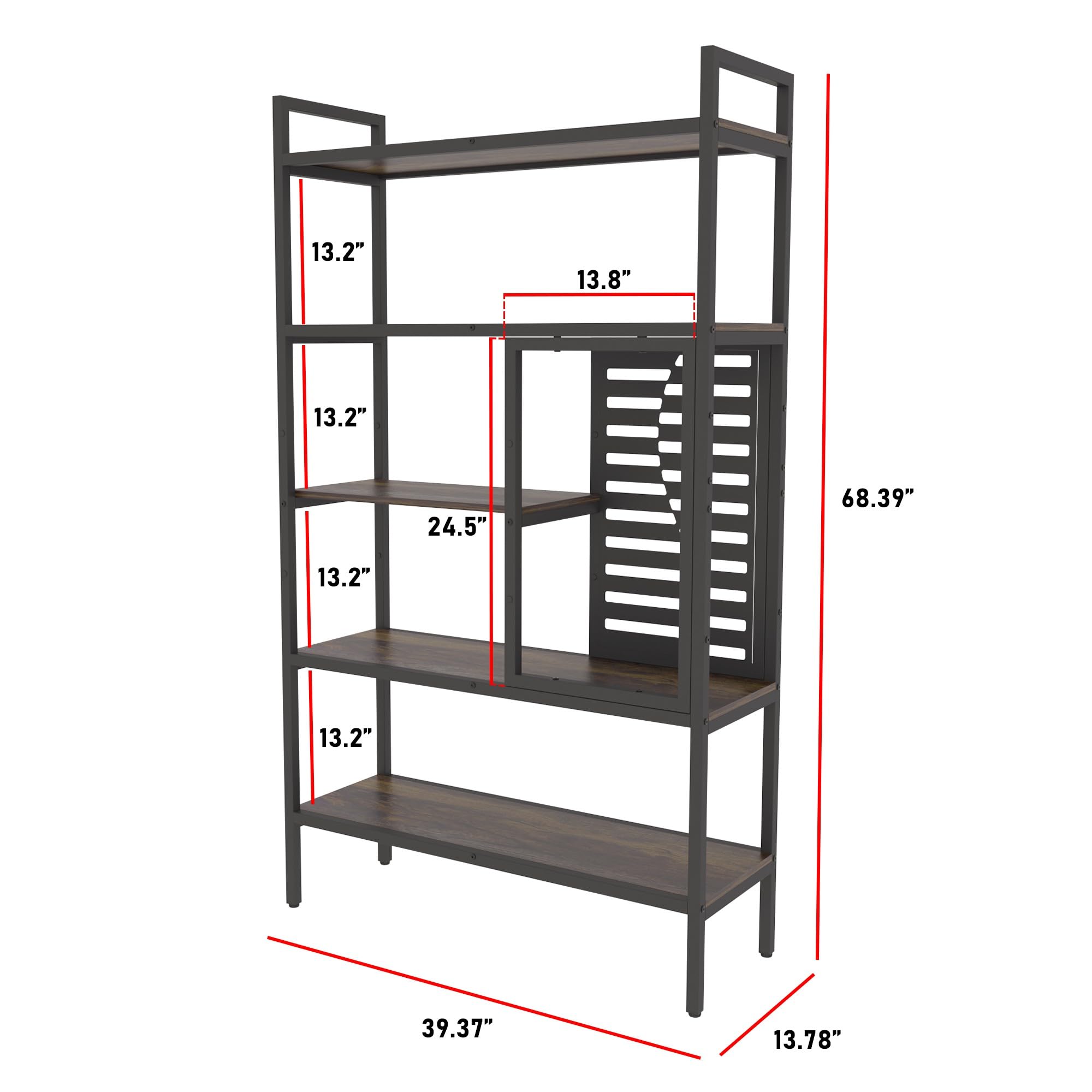 Anivia 5-Tier Modern Adjustable Bookshelf Wood Bookcase Shelves with Metal Frame for Home Office, Cherrywood and Black