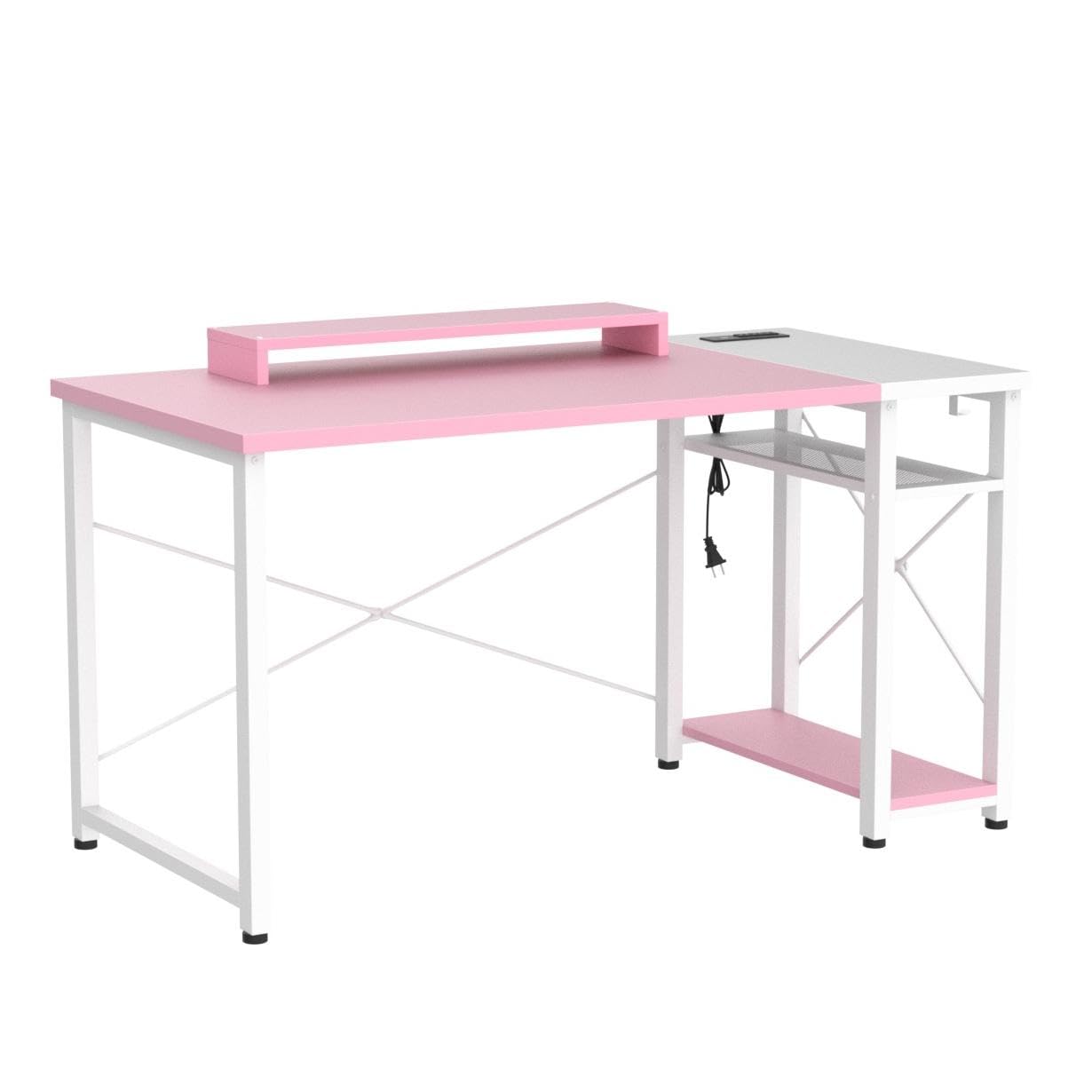 armocity Computer Desk with LED, Gaming Desk with Outlets, 40 Reversible Laptop Table with Monitor Stand, Small Desk for Small Spaces, Pink