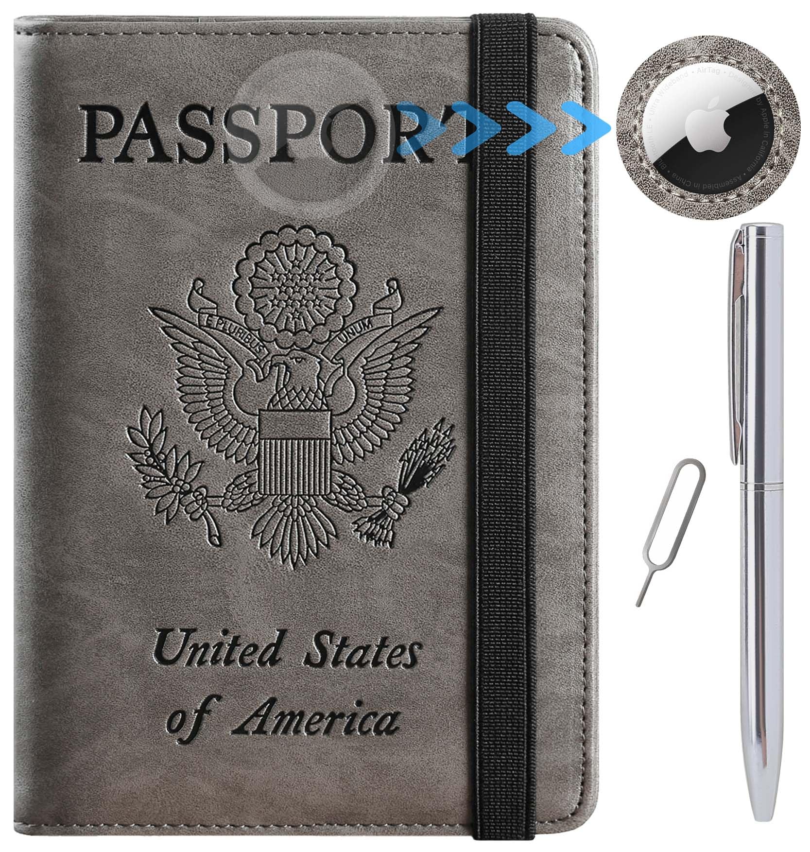 Airtag Passport Holder Cover Wallet Travel Essentials RFID Blocking Leather Card Case International Travel Must Haves Travel Accessories for Women Men(119#Grey)