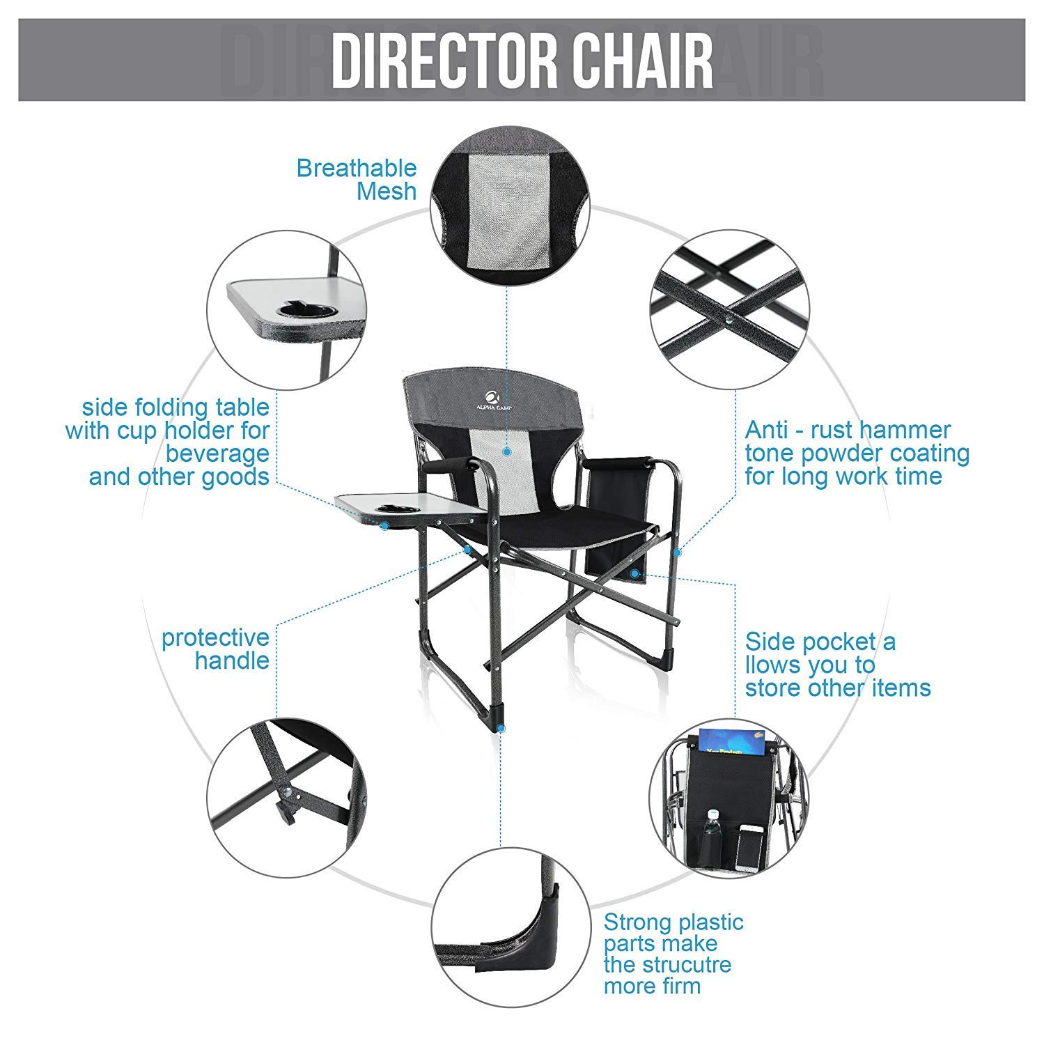 ALPHA CAMP Oversized Camping Director Chair Heavy Duty Folding Camp Chair with Side Table for Adults
