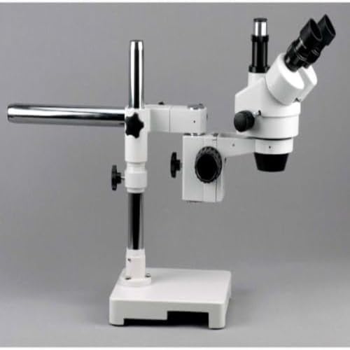AmScope SM-3TZ Professional Trinocular Stereo Zoom Microscope, WH10x Eyepieces, 3.5X-90X Magnification, 0.7X-4.5X Zoom Objective, Ambient Lighting, Single-Arm Boom Stand, Includes 0.5X and 2.0X Barlow Lenses