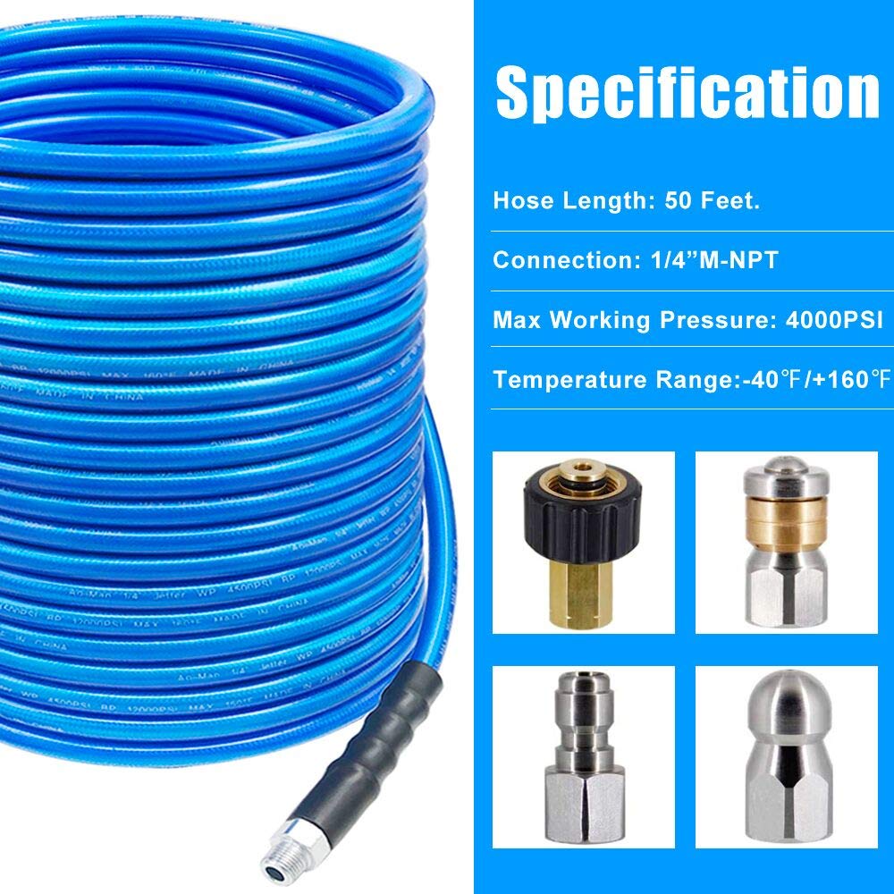 AgiiMan Pressure Washer Sewer Jetter Kit - 4000 PSI 1/4 inch NPT, Hydro Drain Jetter Cleaner Hose, Rotating Sewer Jetting Nozzle with wrench, Orifice 4.0, 4.5, 50 FT