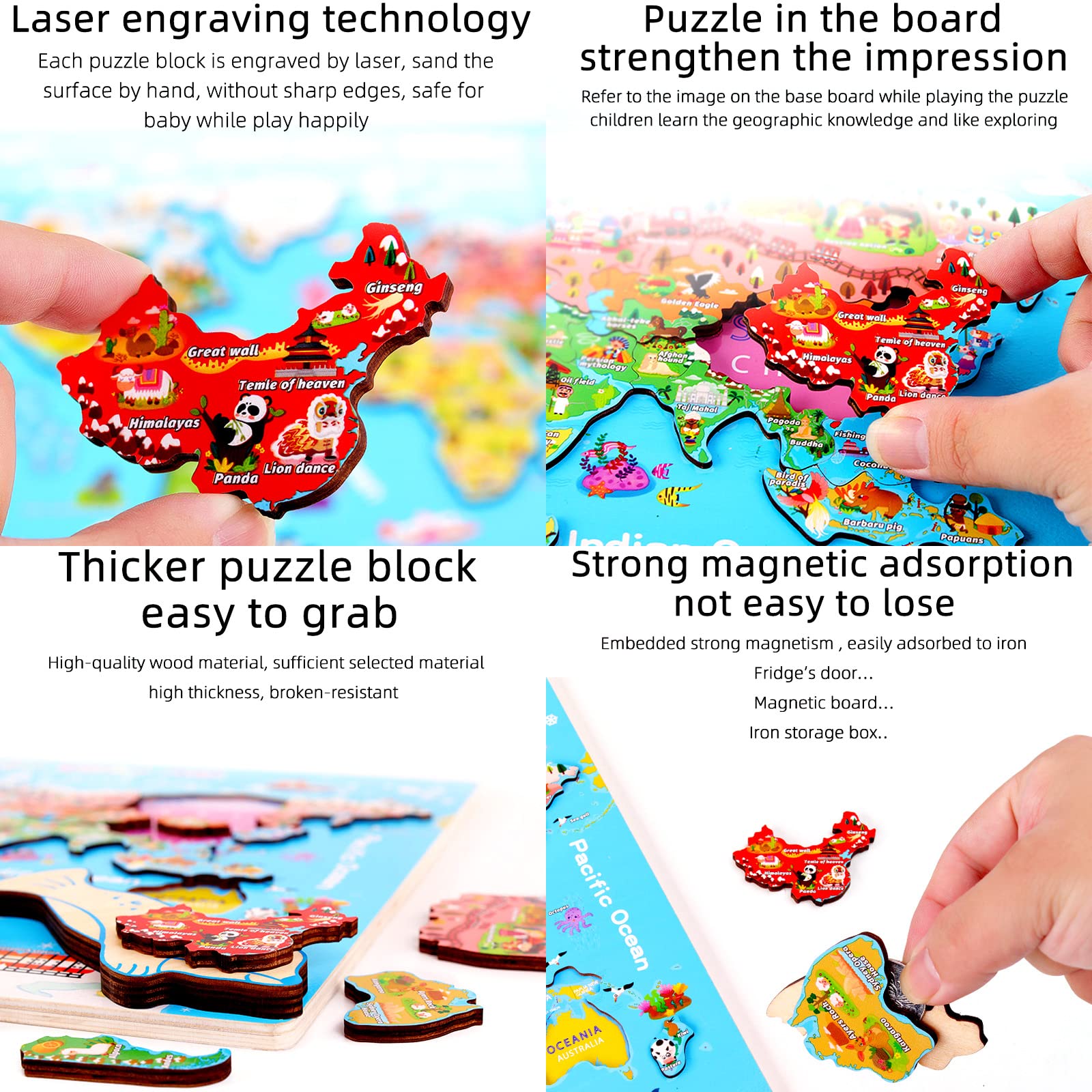 ExBePe Genuine Magnetic Wooden World Map Puzzle,92 Country Flash Cards,National Flags Introduction,Preschool Learning Education Geography Toy for Kid Ages 3+