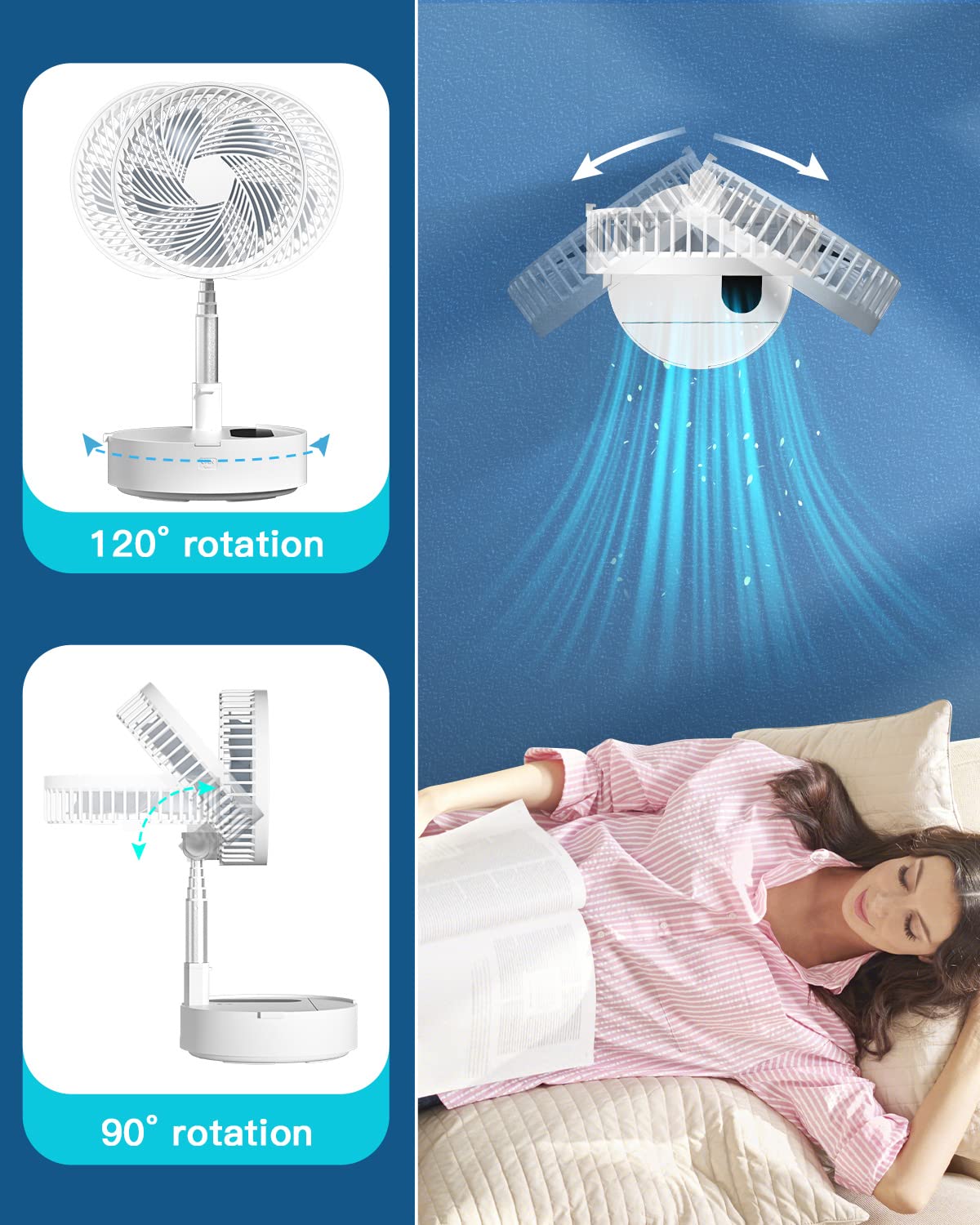 AICase Stand Fan, 9.5 inch Folding Portable Telescopic Floor/USB Desk Fan with 10000mAh Rechargeable Battery,4 Speeds Super Quiet Adjustable Height and Head Great for Office Home Outdoor Camping