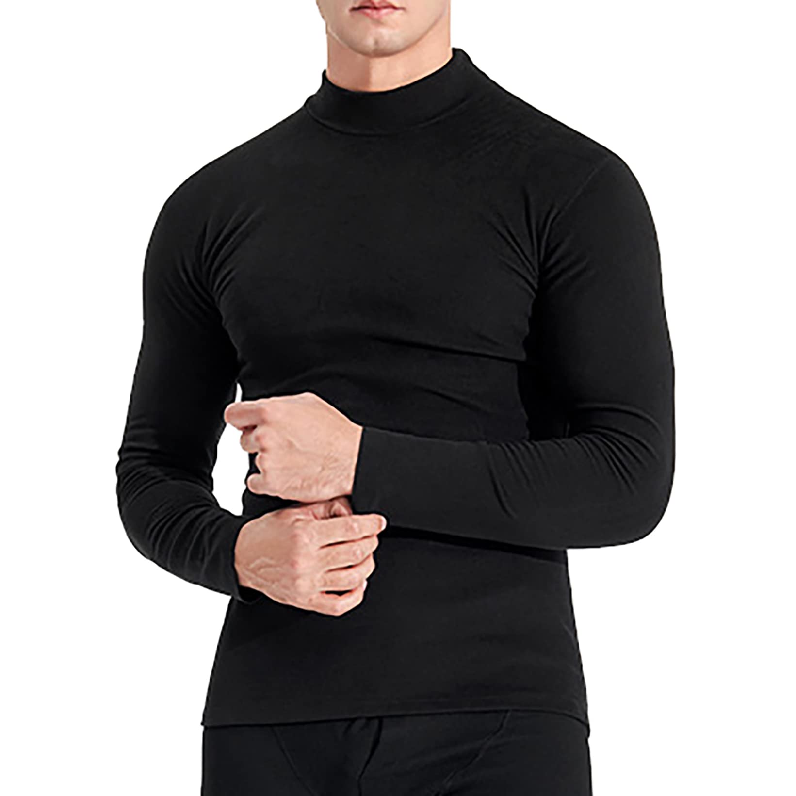 Aiihoo Mens Long Sleeve Top Fleece Lined Thermal Undershirts Baselayer Underwear Turtleneck Mock Necks Slim Fit Breathable Black 4X-Large